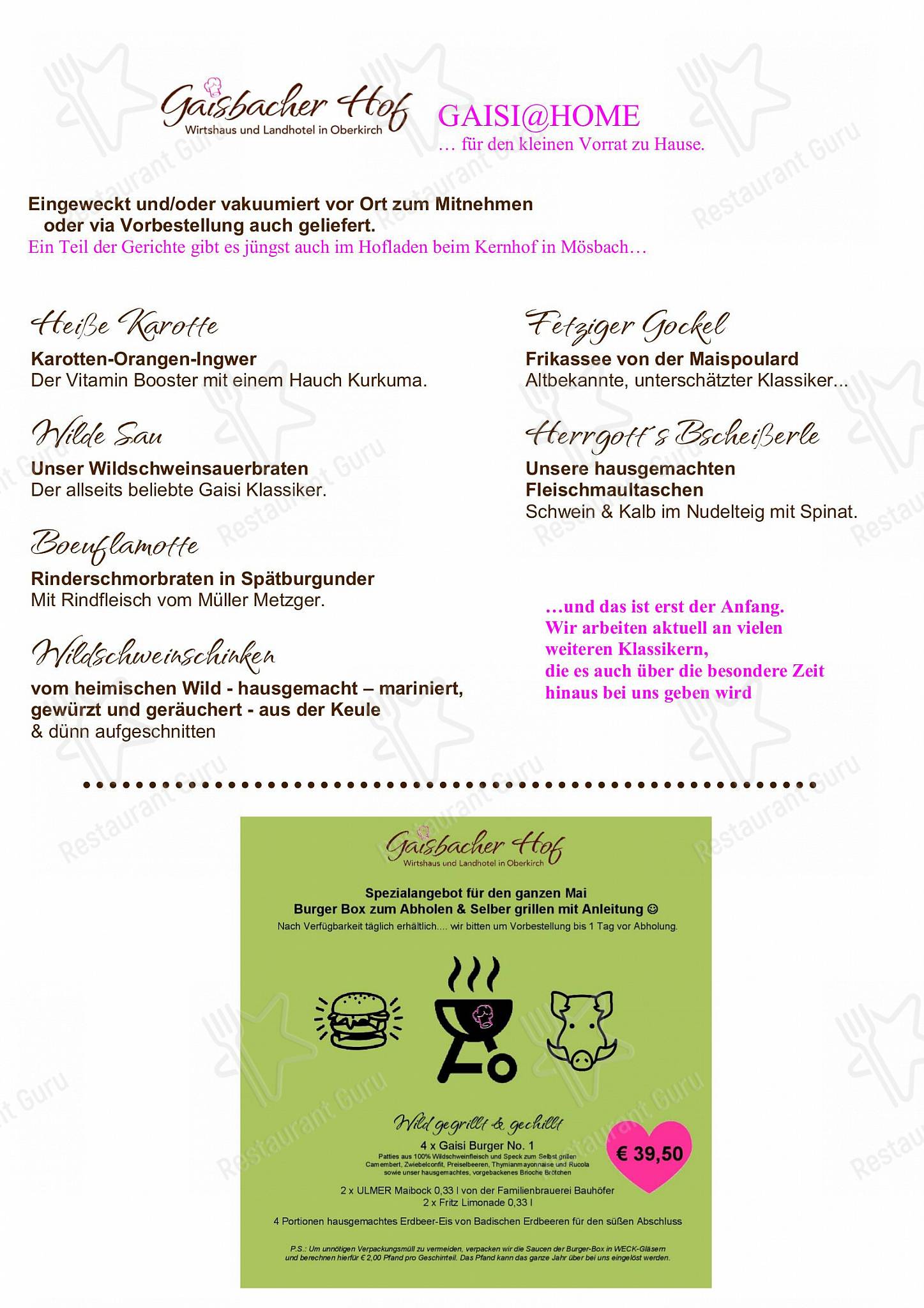 Speisekarte von Gaisbacher Hof - Wirtshaus und Landhotel restaurant ...