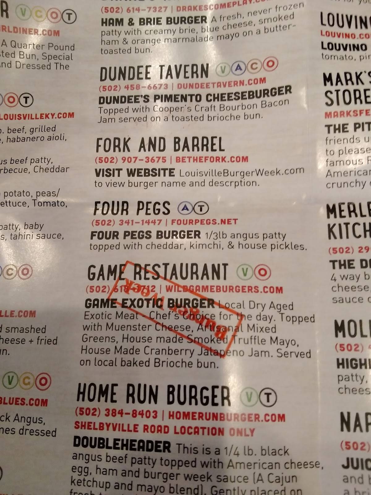 Menu at Game Restaurant, Louisville, Lexington Rd