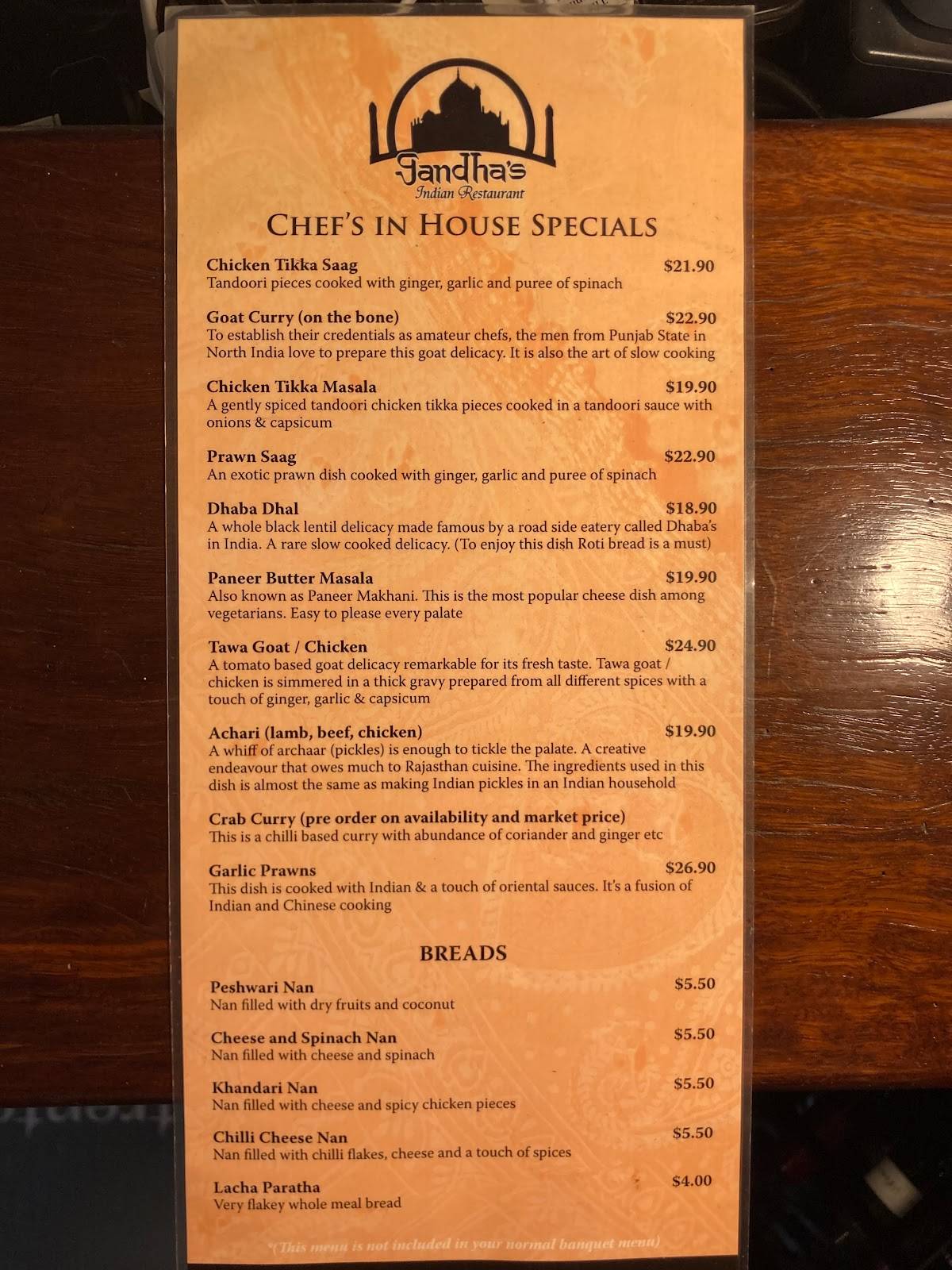 Menu at Gandhas Indian Restaurant, New Lambton