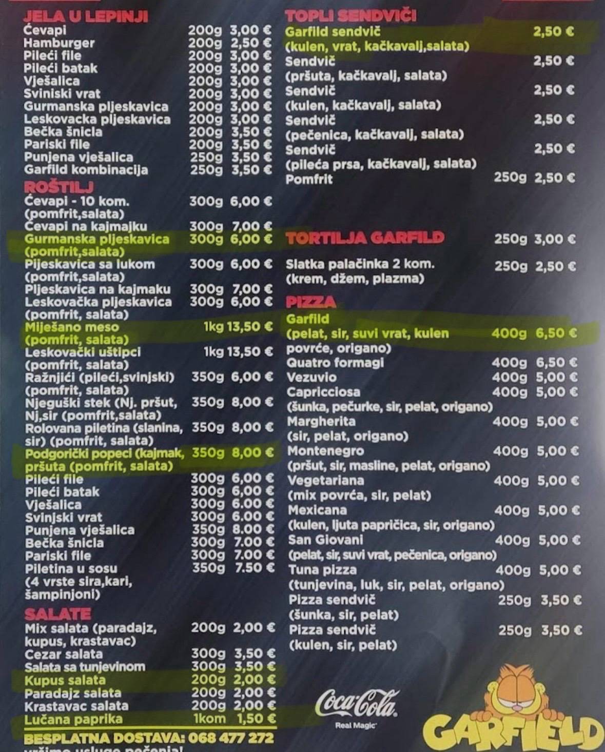 Menu at Garfield restaurant, Petrovac