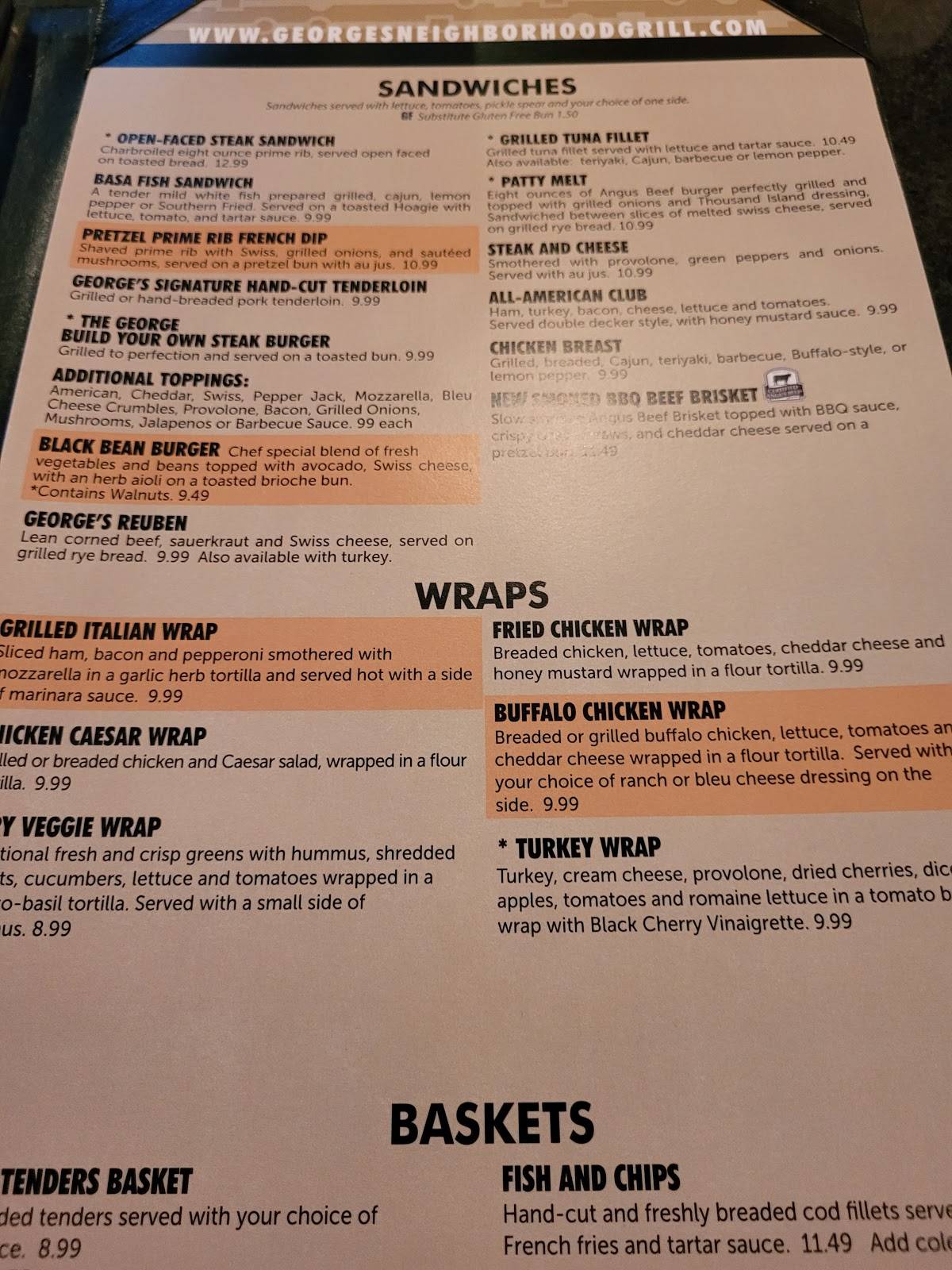 Menu at George's Neighborhood Grill restaurant, Indianapolis