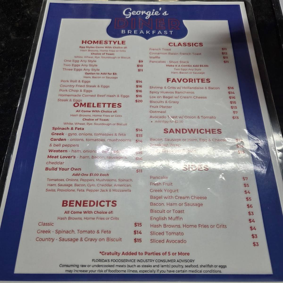 Menu at Georgie's Diner restaurant, St. Augustine