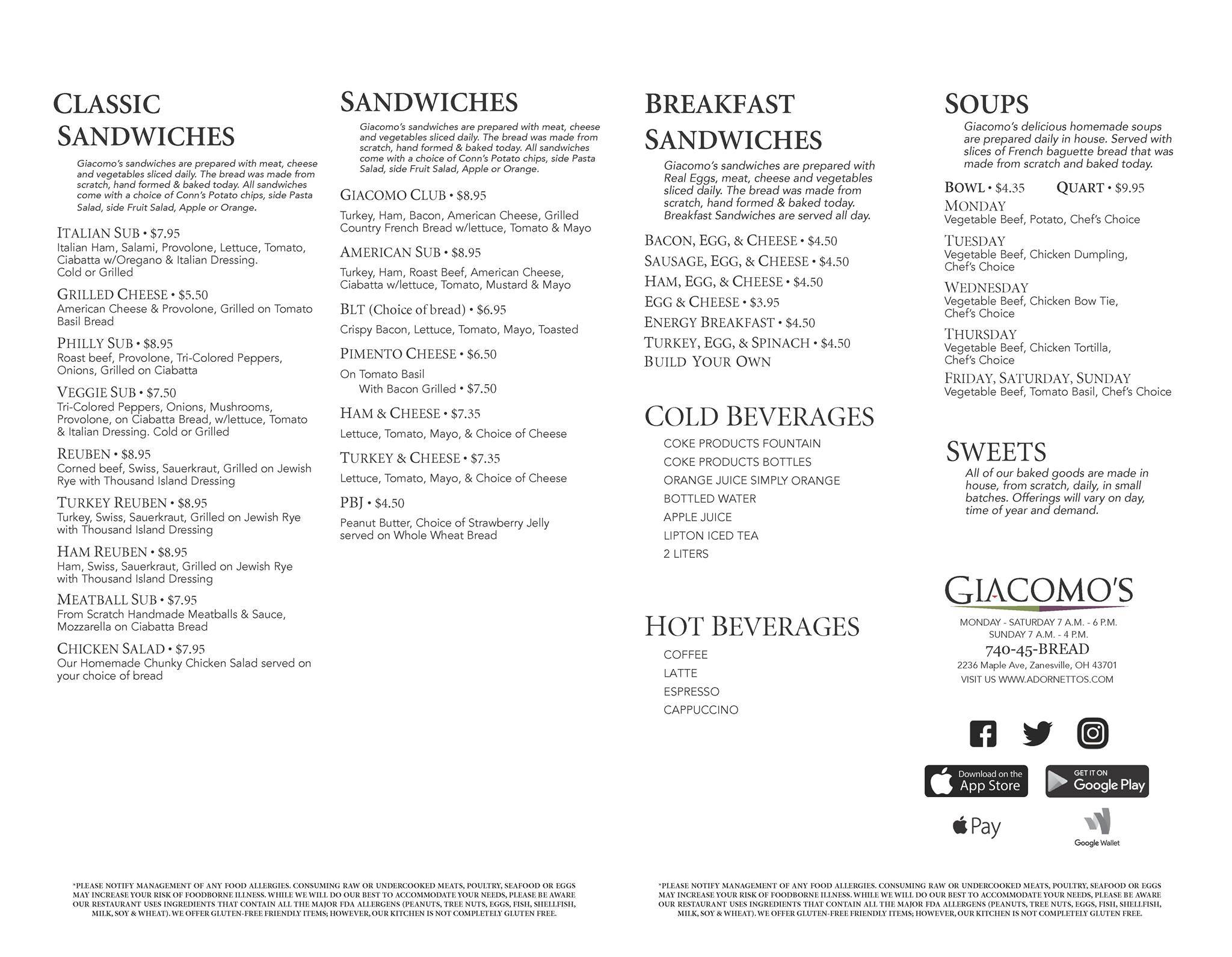 Menu at Giacomo's Bread & More restaurant, Zanesville