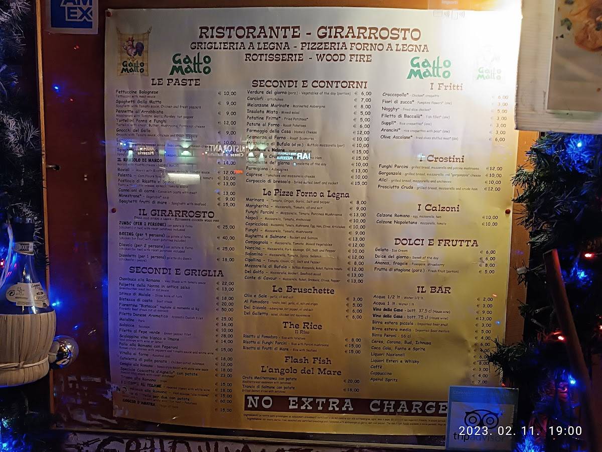 Menu at Girarrosto Fiorentino restaurant, Rome, Via Sicilia