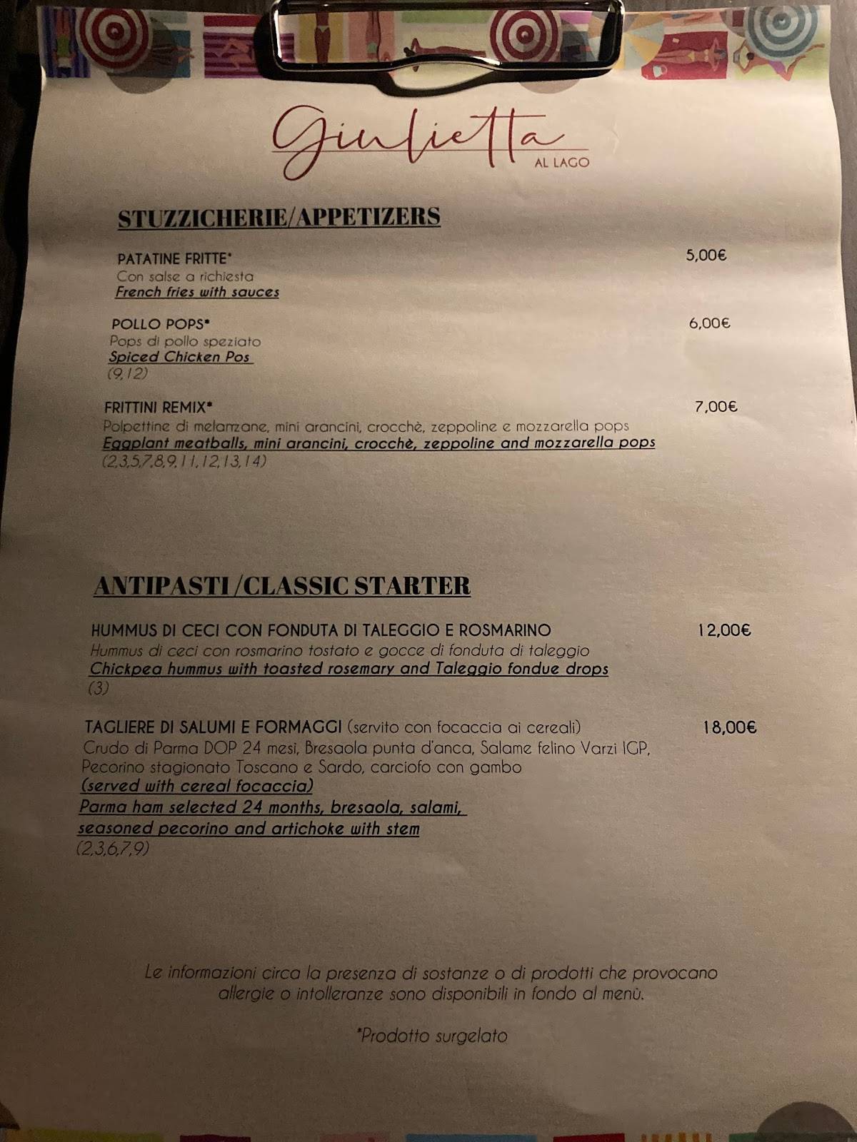 Menu da Giulietta al Lago ristorante, Como