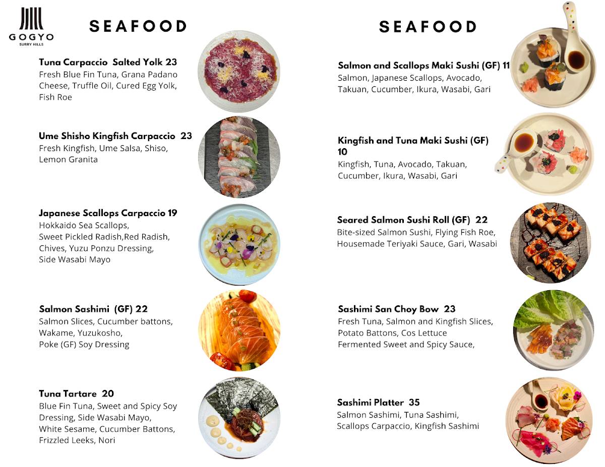 Menu at Gogyo restaurant, Surry Hills