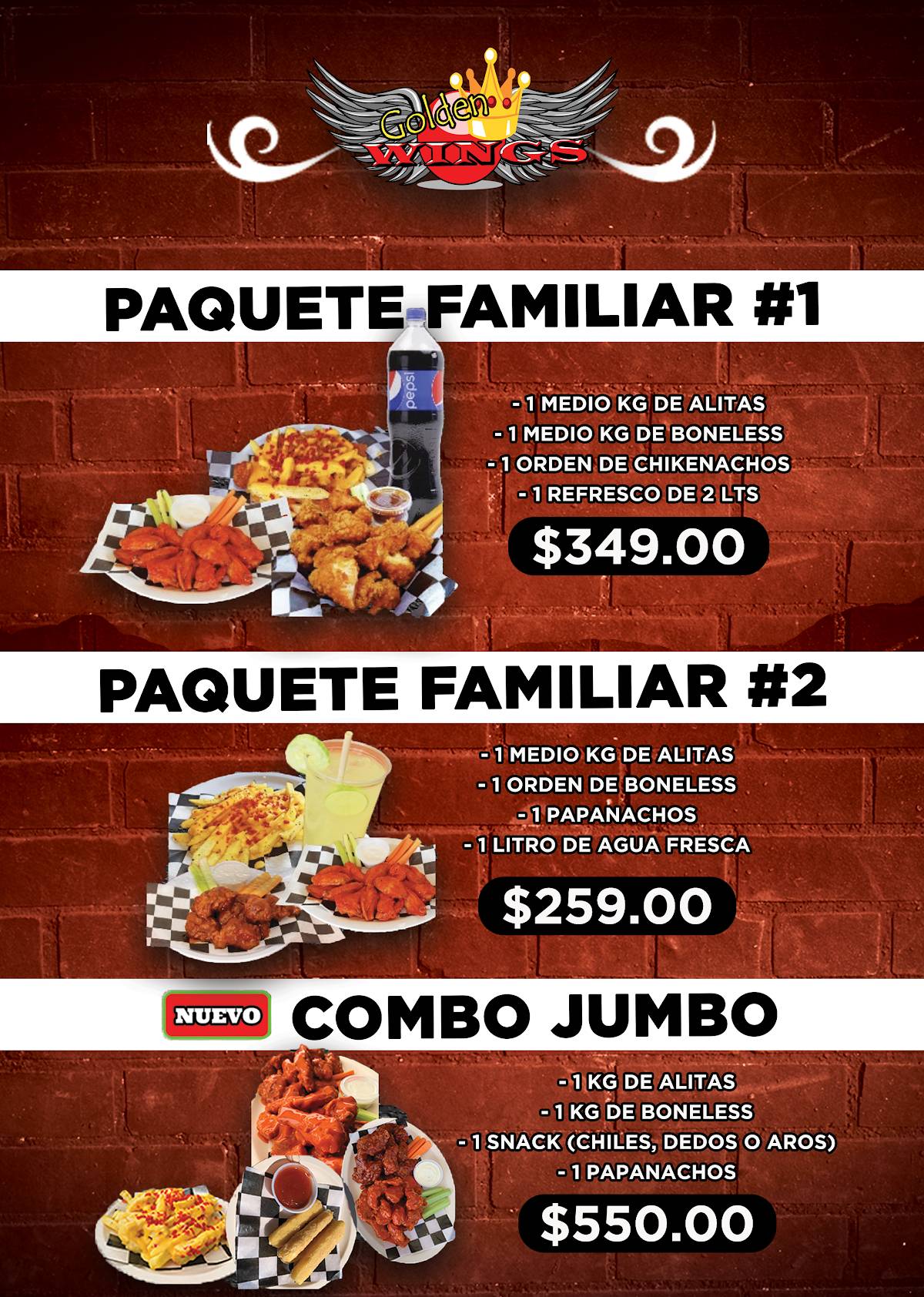 Menu at Golden Wings restaurant, Saltillo