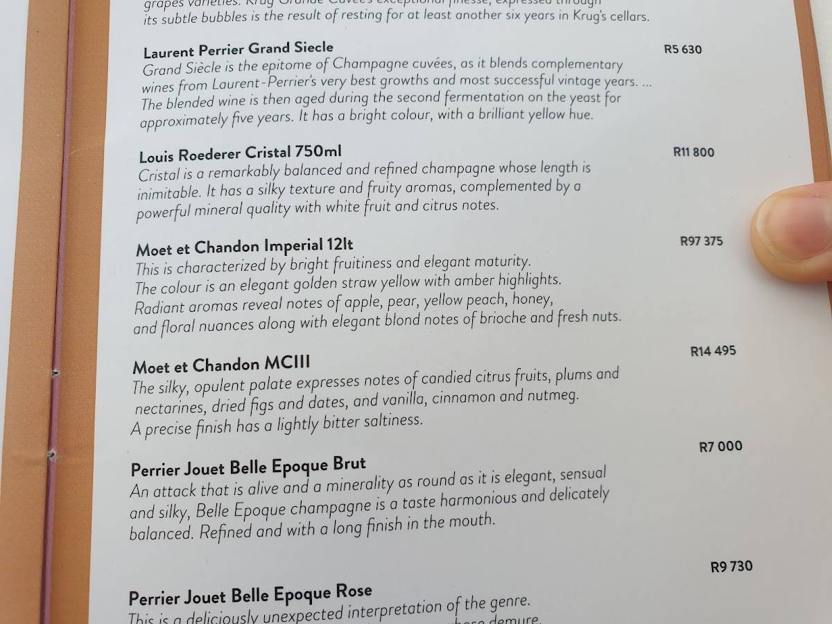Menu at Grand Africa Café & Beach restaurant, Cape Town