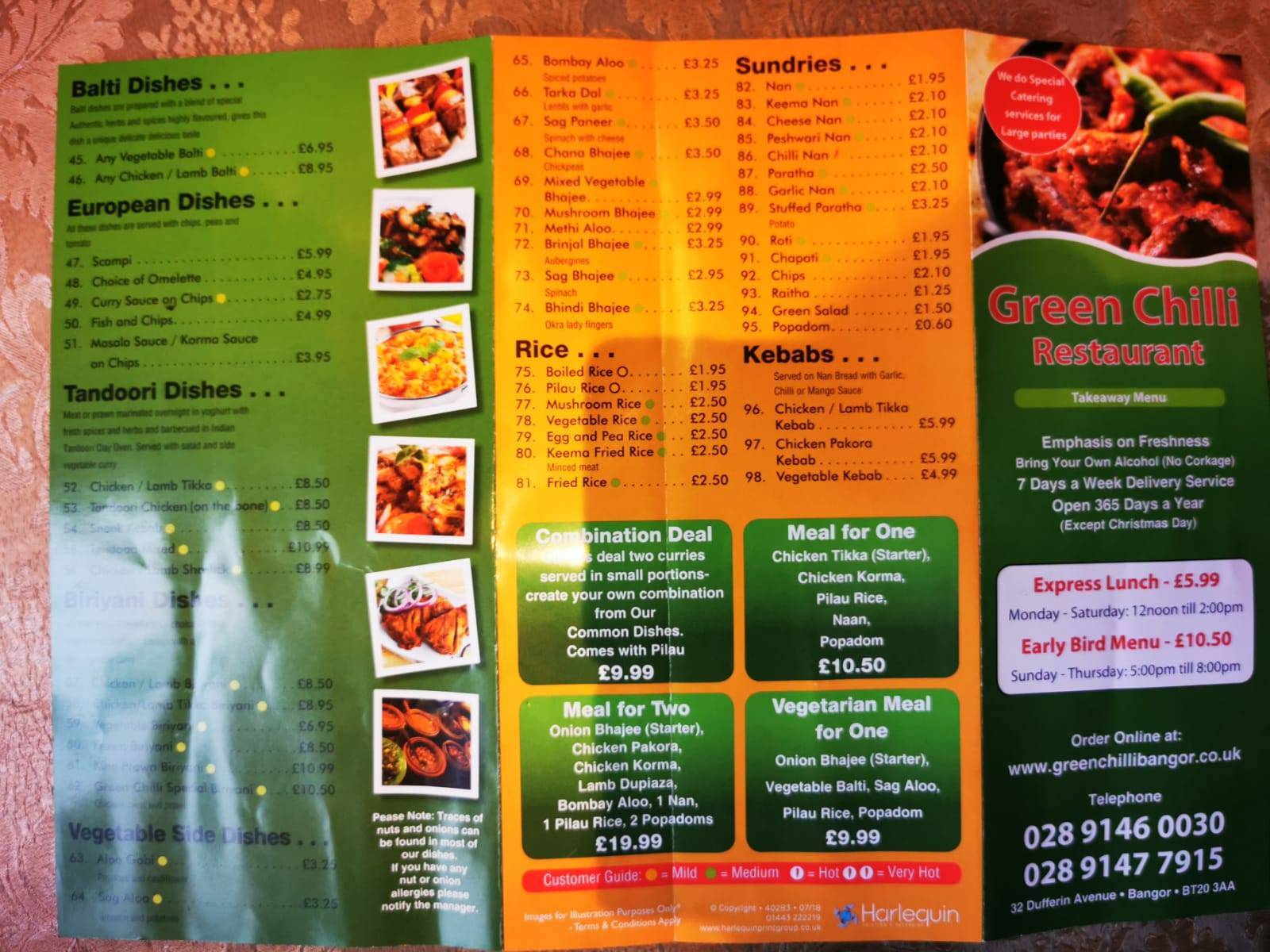Menu at Green Chilli restaurant, Bangor