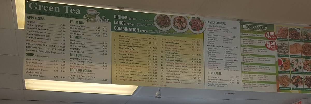 Menu at Green Tea Chinese Drive Thru restaurant, Green Bay, E Mason St