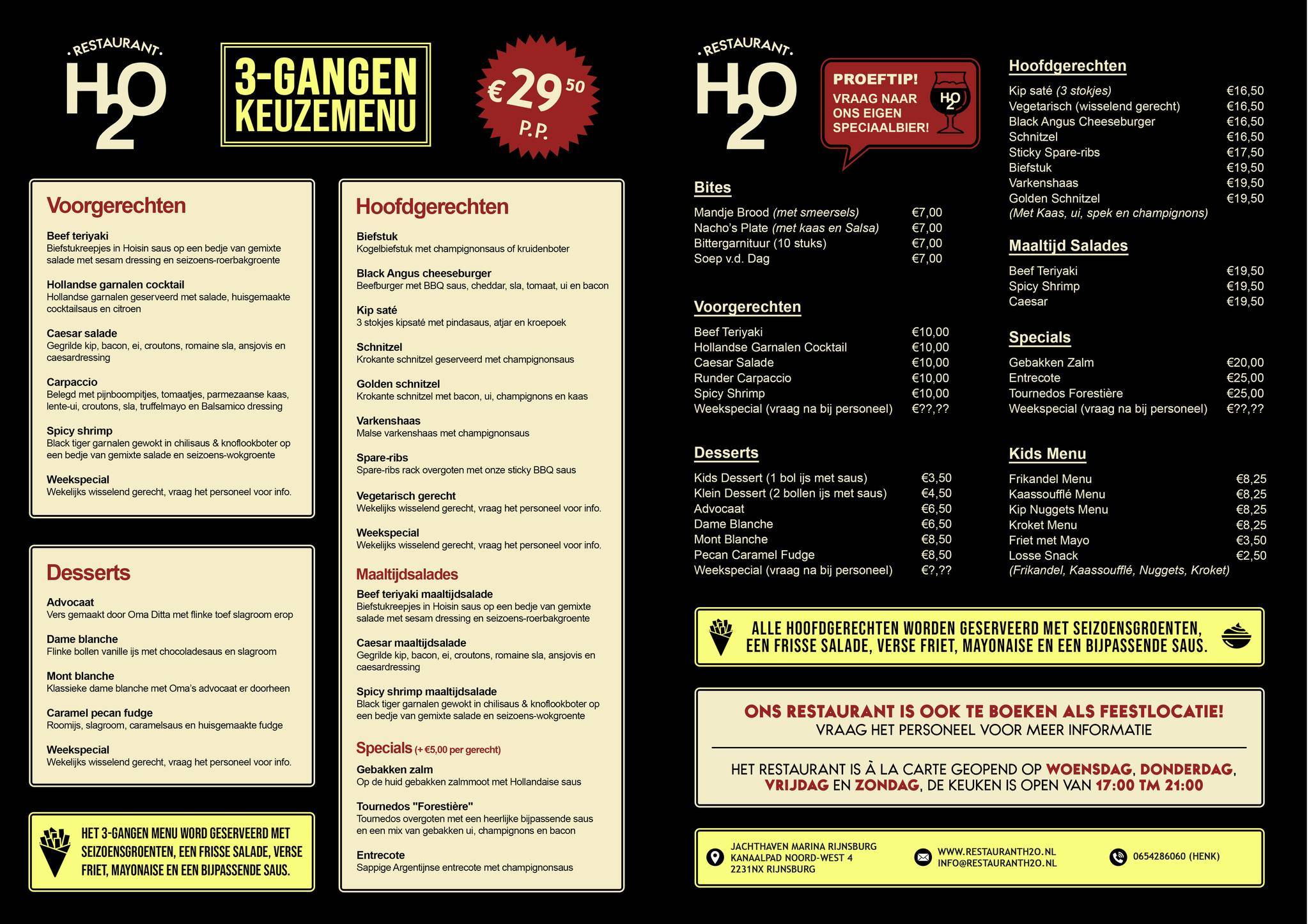Menu at Restaurant H2O, Rijnsburg