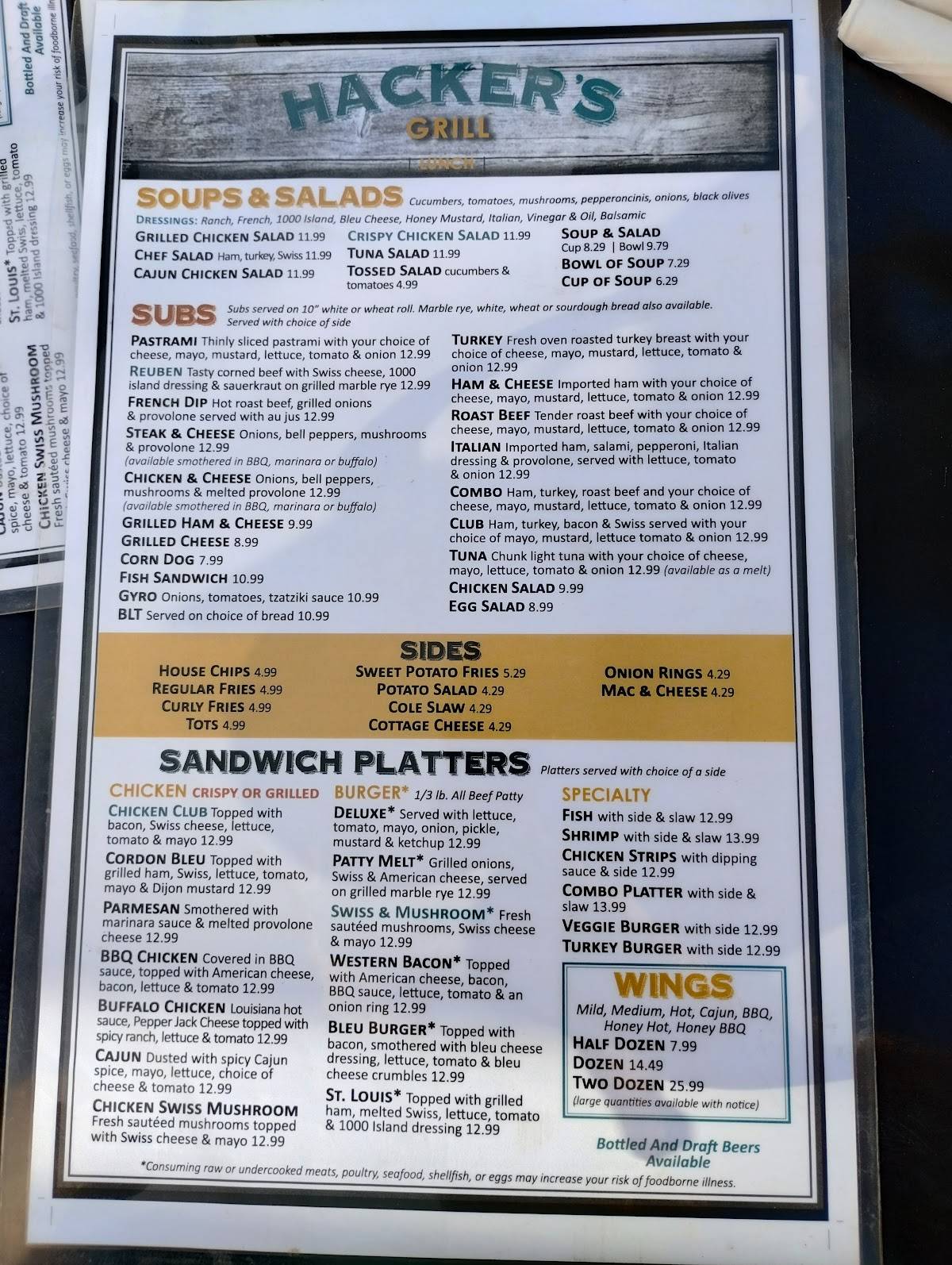 Menu at Hacker's Grill restaurant, Apache Junction