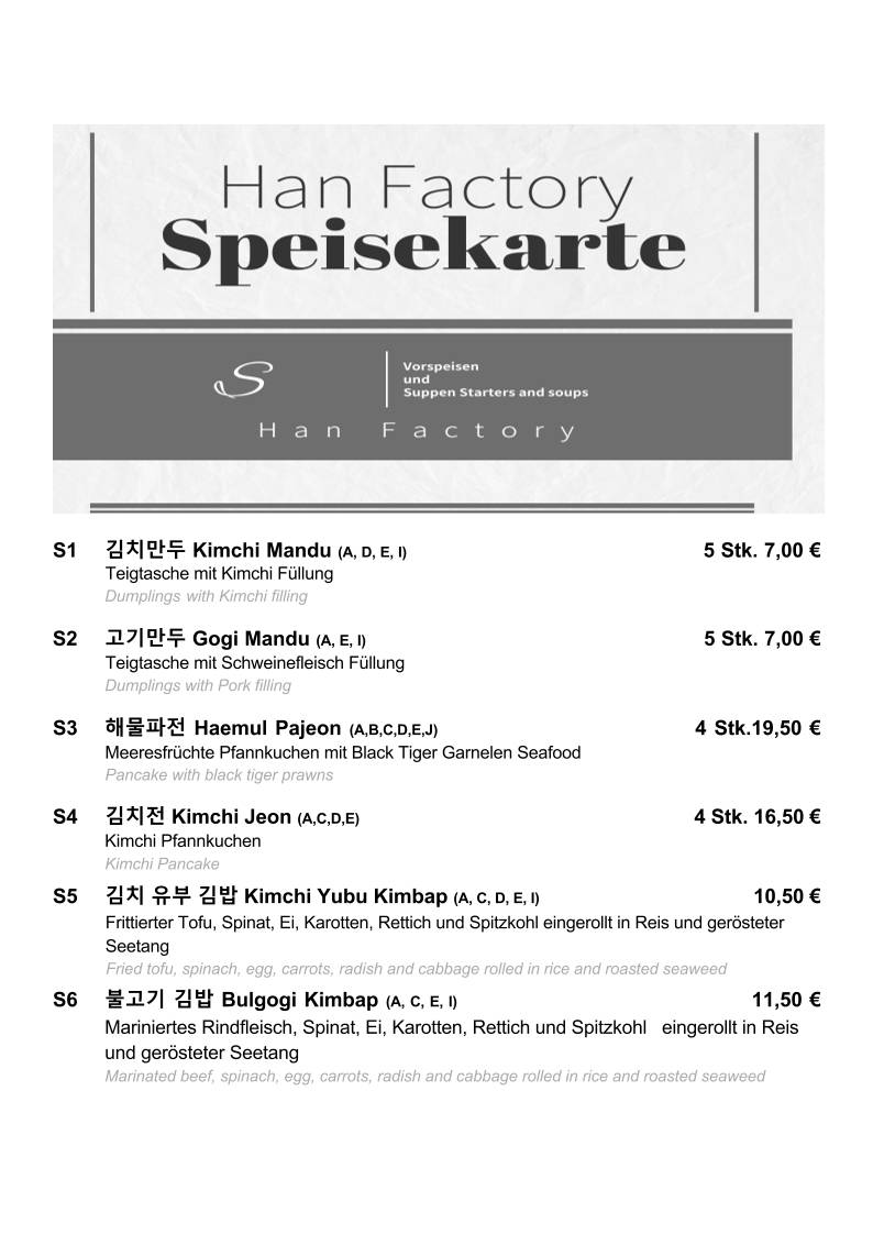 Menu au Han Factory restaurant, Berlin