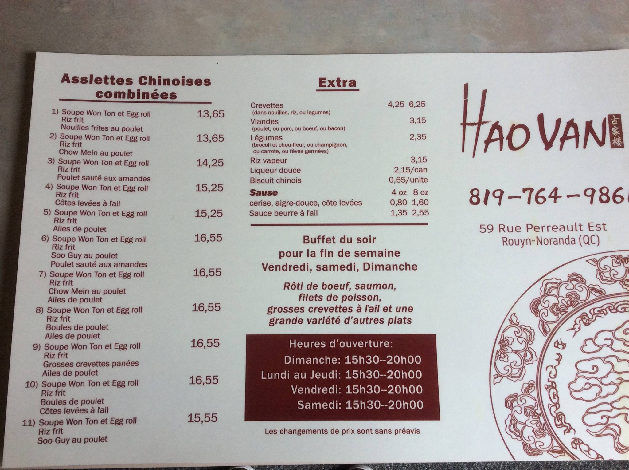 Menu au Restaurant Hao Van, Rouyn-Noranda