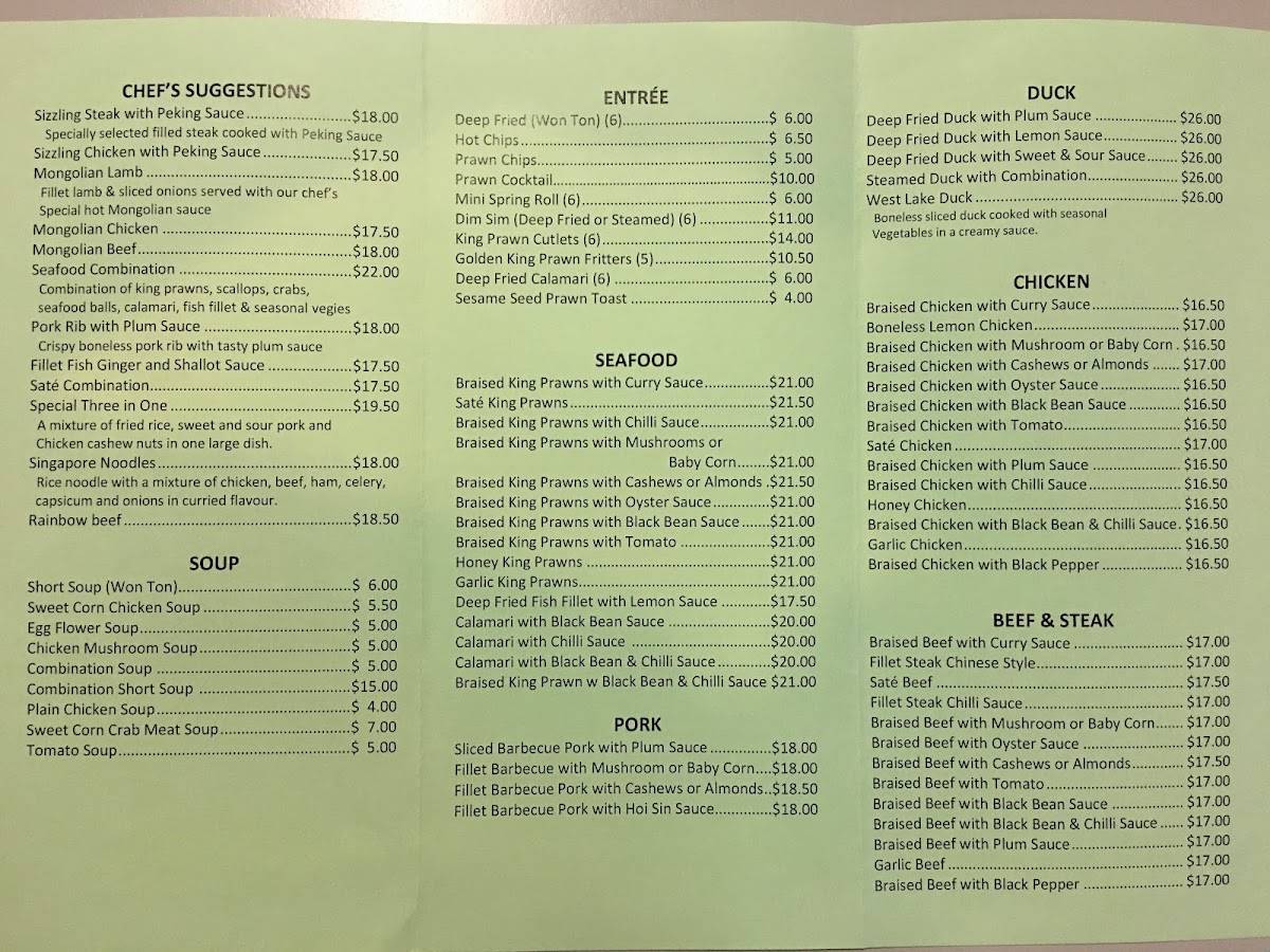 Menu at Happy Valley Chinese Restaurant, Longreach