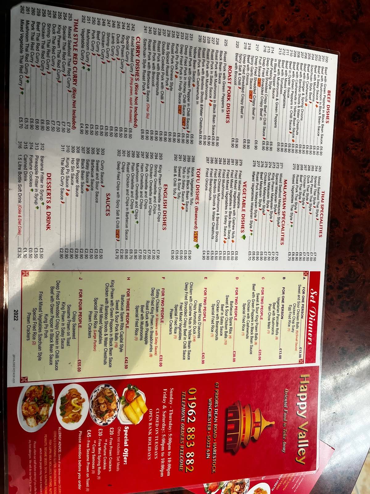 Menu at Happy Valley restaurant, Winchester