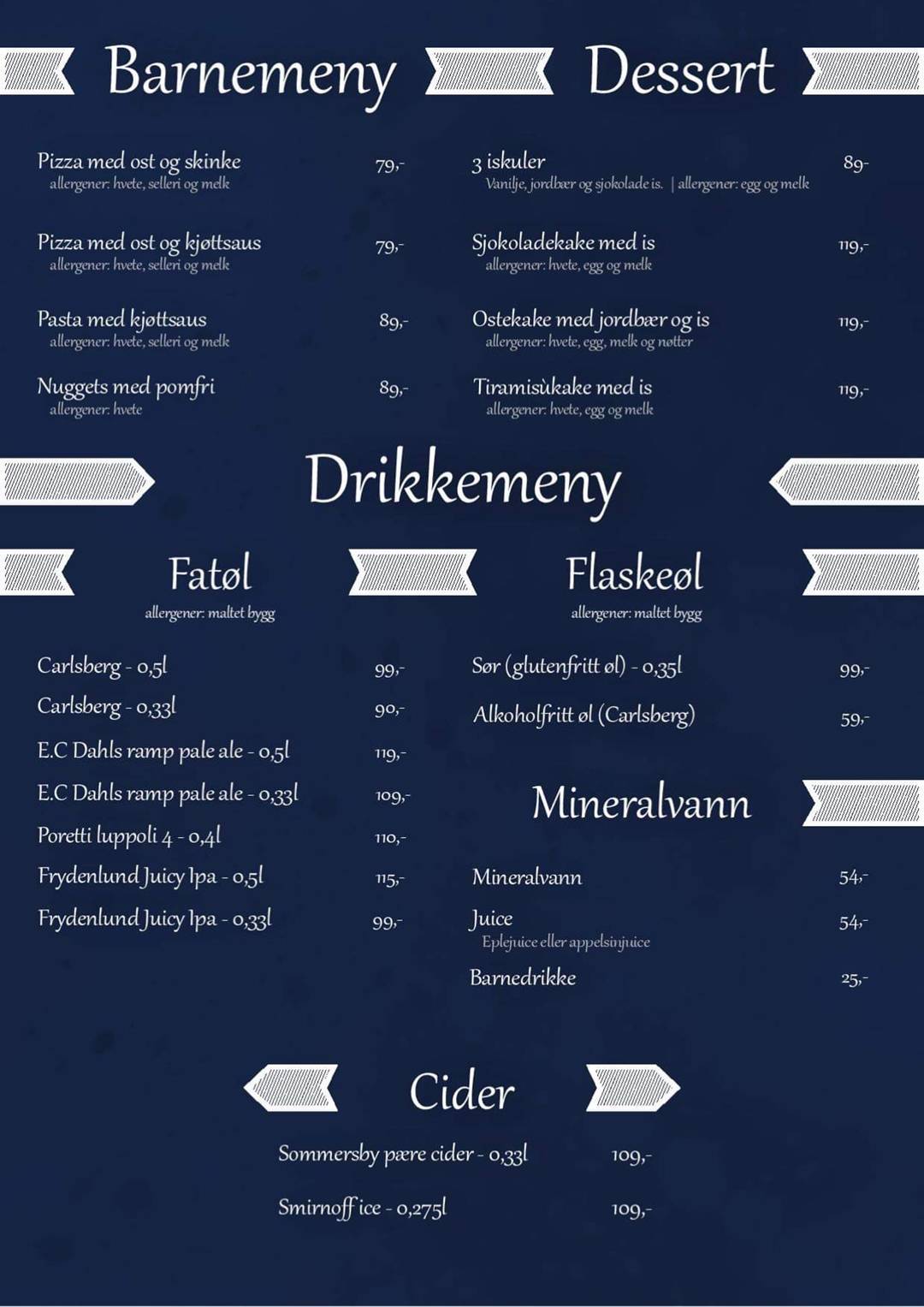 Menu at Havna restaurant, Halden