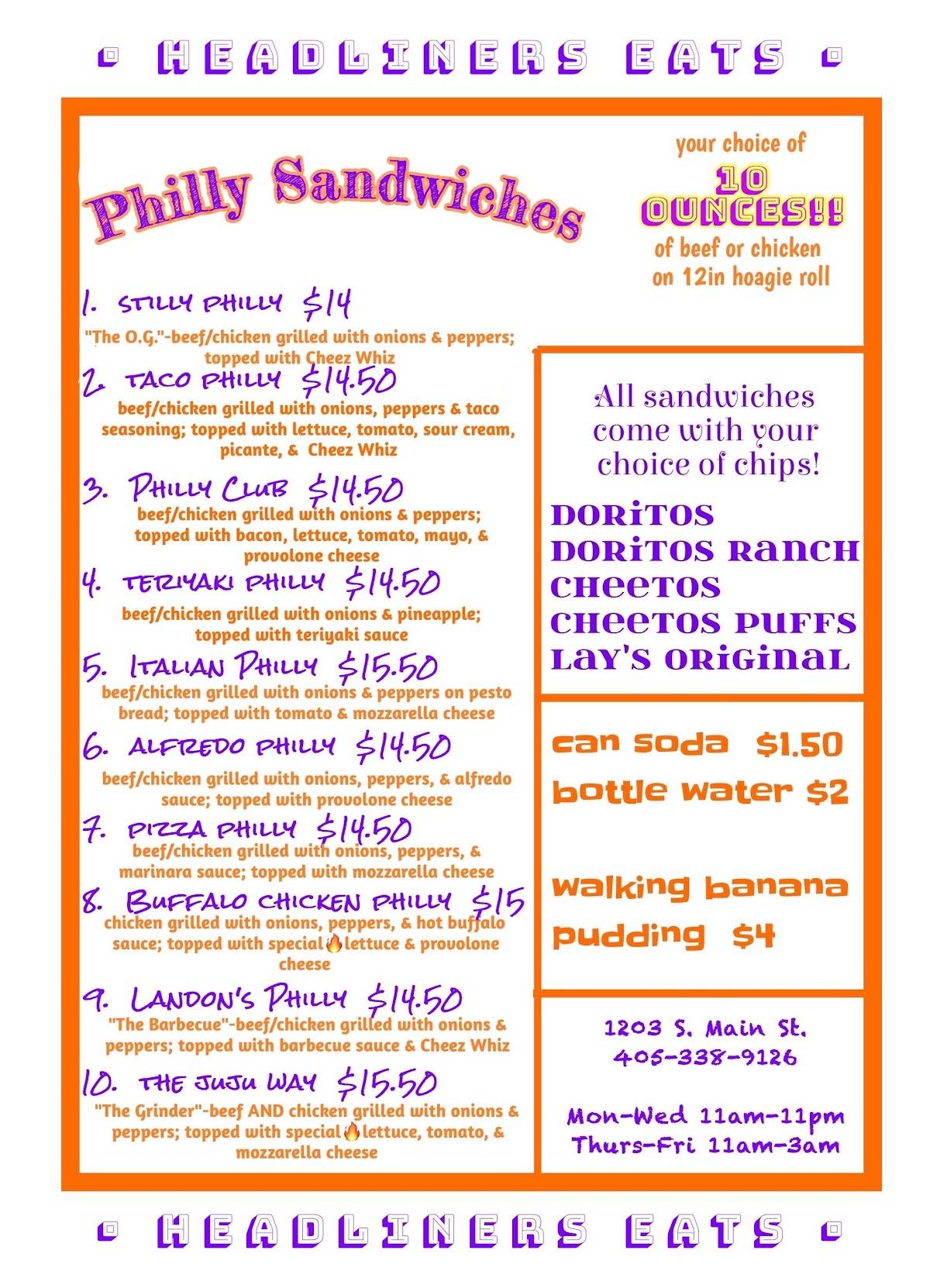Menu at Headliners Eats restaurant, Stillwater