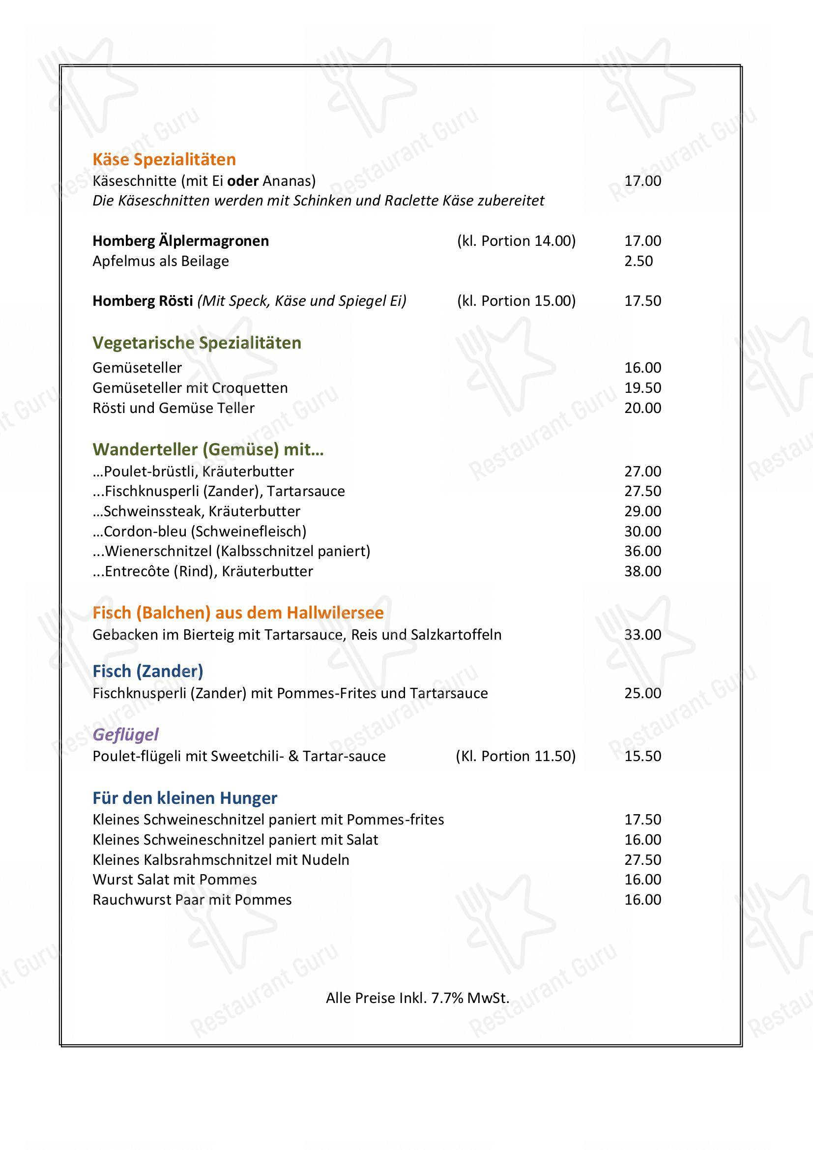 Speisekarte von Restaurant Homberg, Reinach