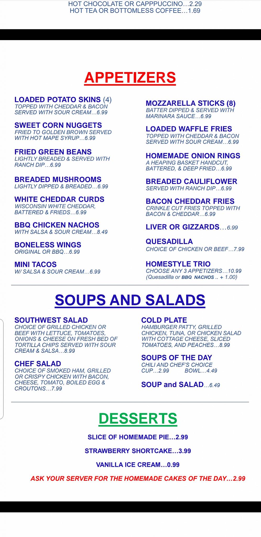 Menu at Homestyle Grille restaurant, Bartonville