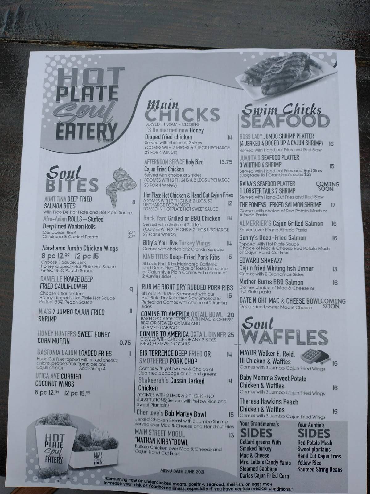 Menu at Hot Plate Soul Eatery restaurant, Lowesville, NC-73 SUITE 112