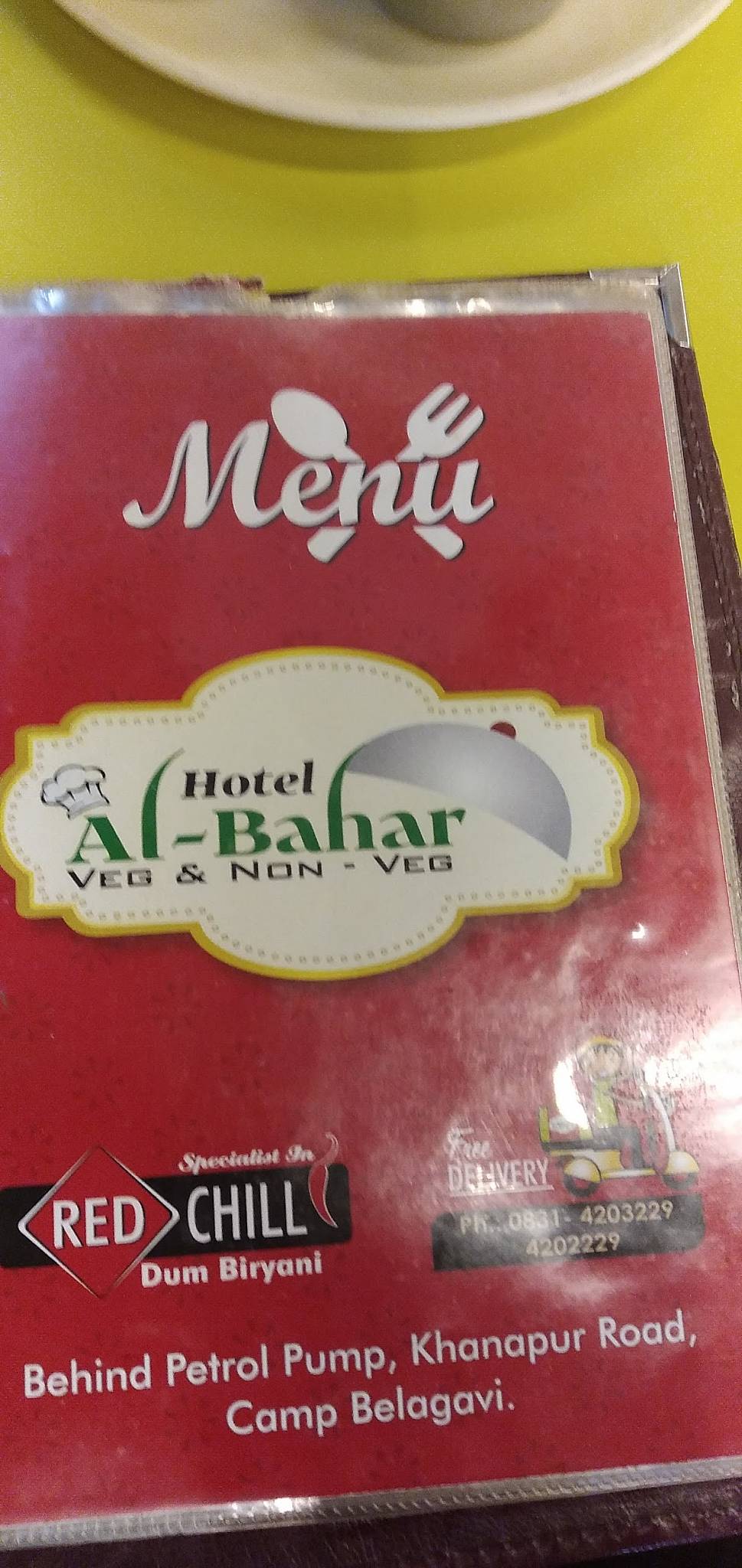 Menu at Hotel Al - Bahar, Belgaum