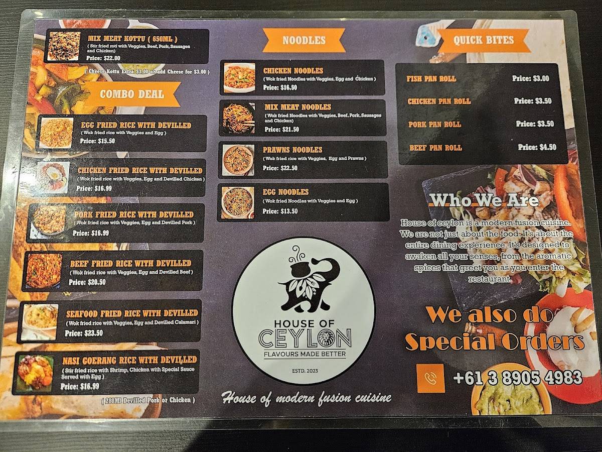 Menu at House of Ceylon restaurant, Oakleigh