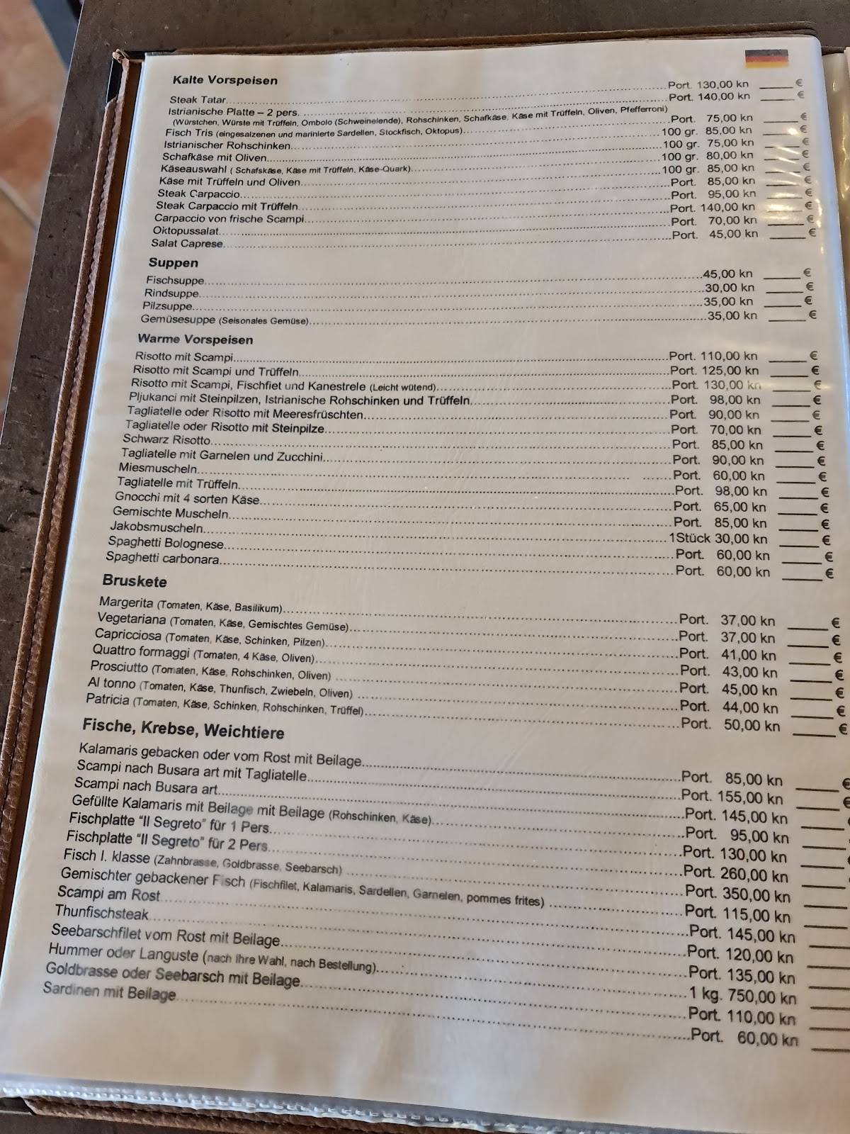 Menu da "IL SEGRETO" Restaurant & beach bar - Vrsar, Vrsar