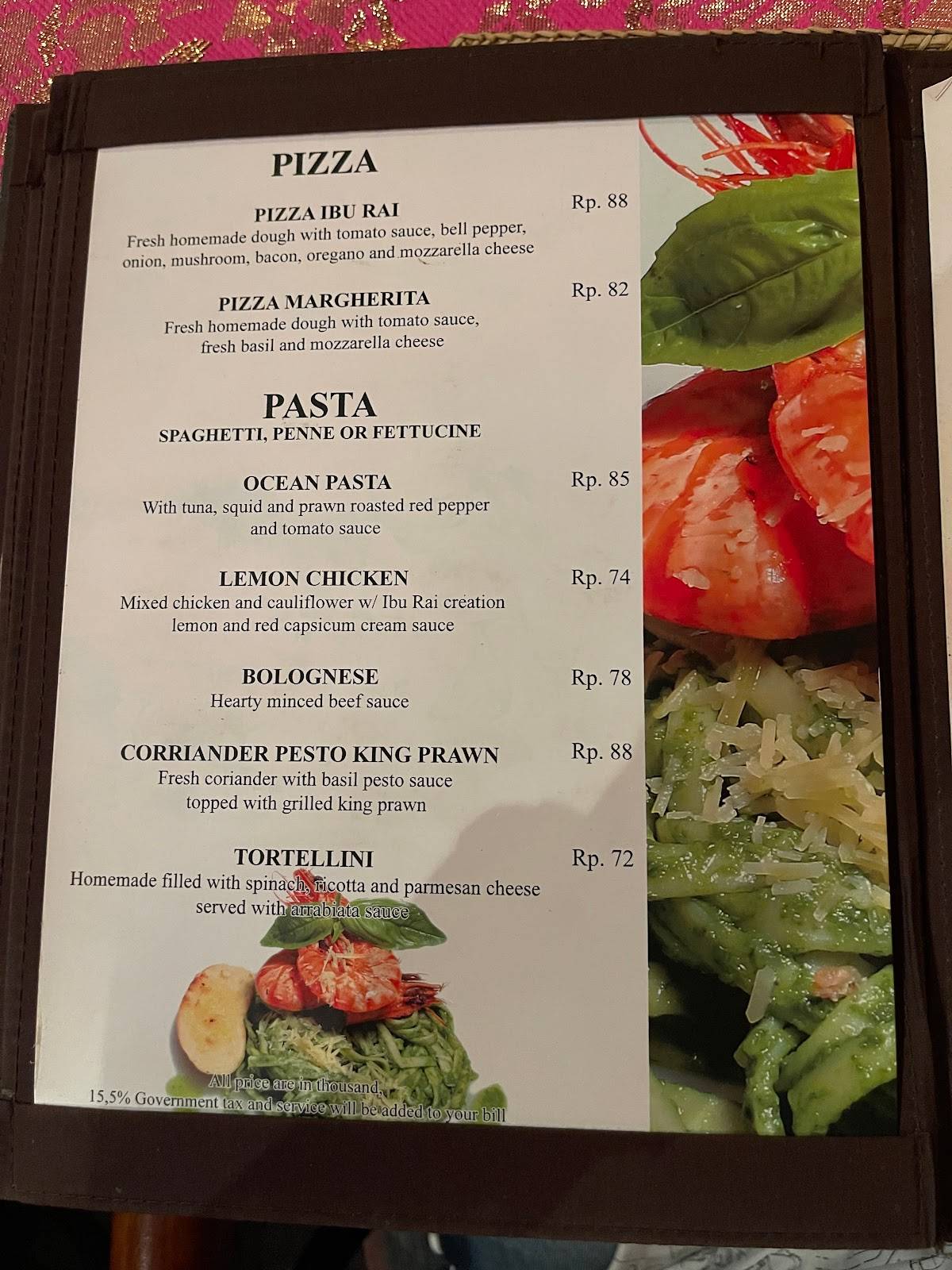 Menu at Ibu Rai Restaurant, Ubud