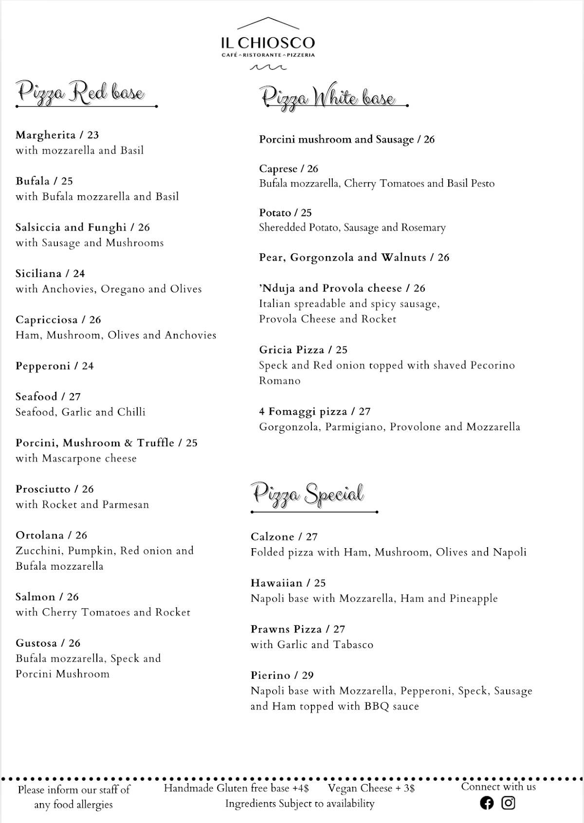 Menu at Il Chiosco restaurant, Trinity Beach