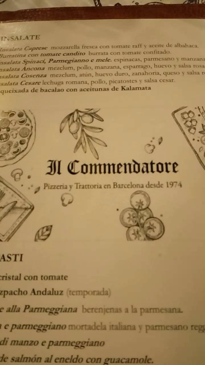Carta del restaurante Il Commendatore, Barcelona, C/ Comte d’Urgell