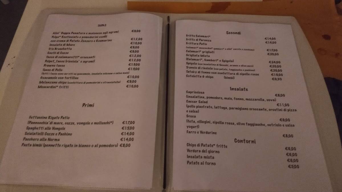 Menu da Il Patio ristorante, Fregene, Lungomare di Levante