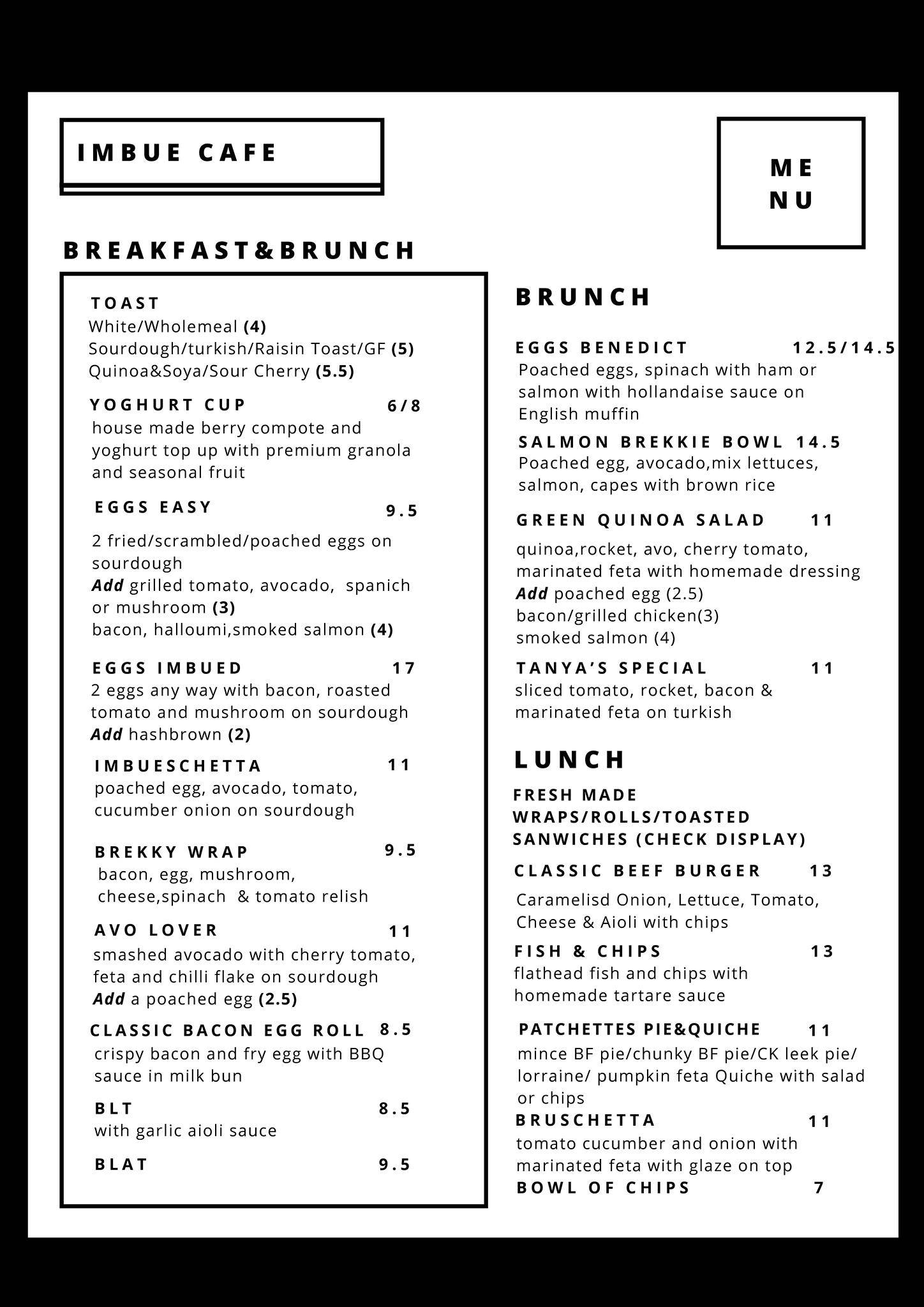 Menu at Imbue Cafe, Davidson