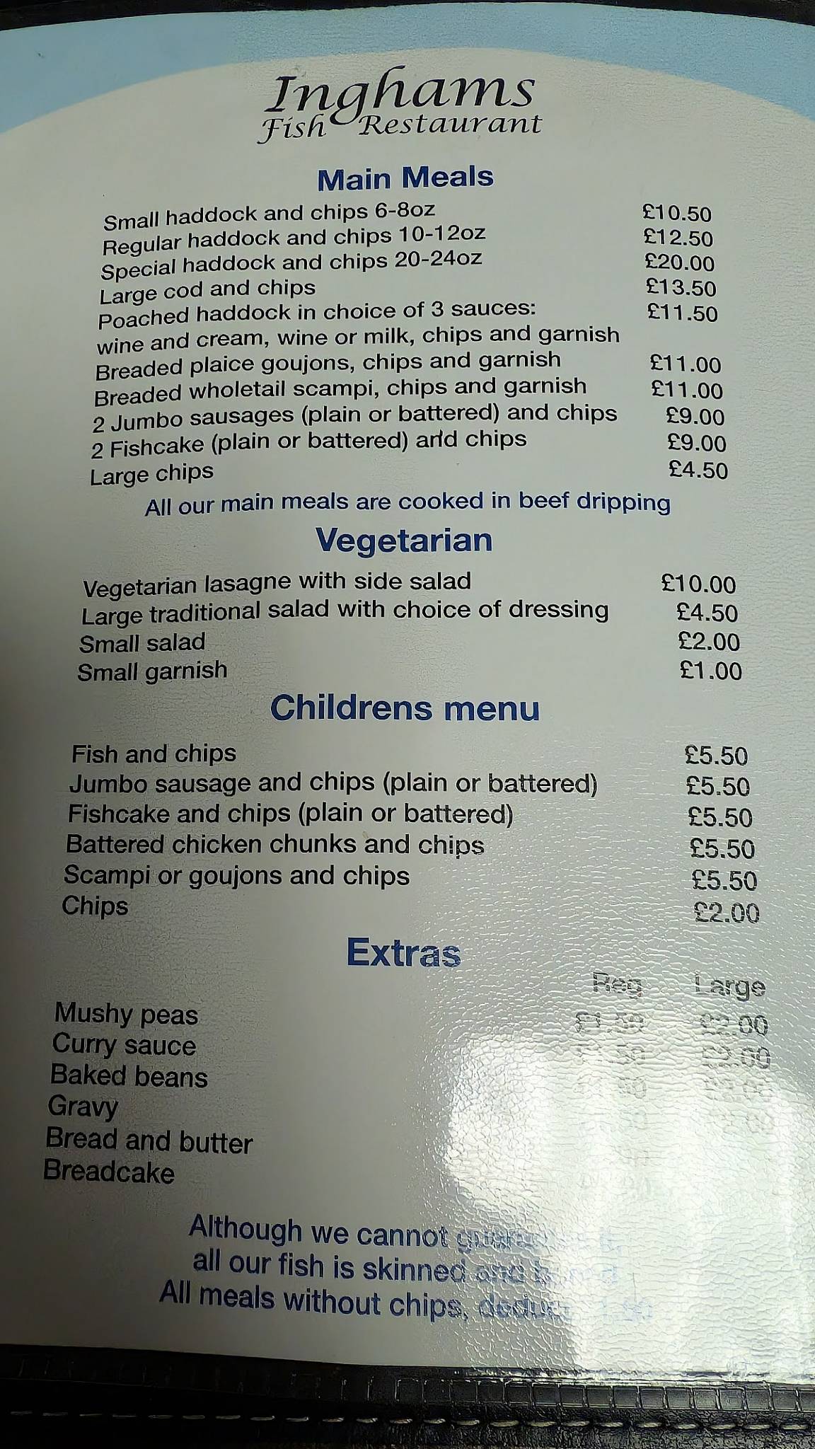 Menu at Inghams Fish Restaurant, Filey