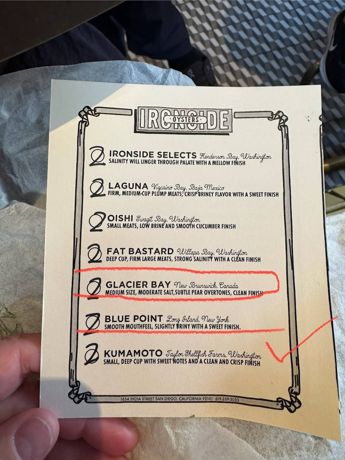 Menu at Ironside Fish & Oyster Bar, San Diego, India St