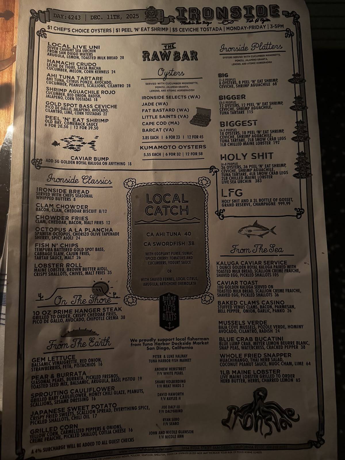 Menu at Ironside Fish & Oyster Bar, San Diego, India St