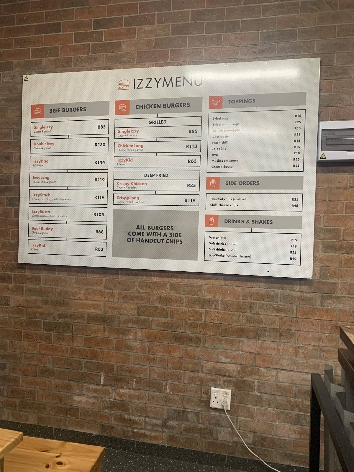 Menu at Izzyburger Woodstock restaurant, Cape Town