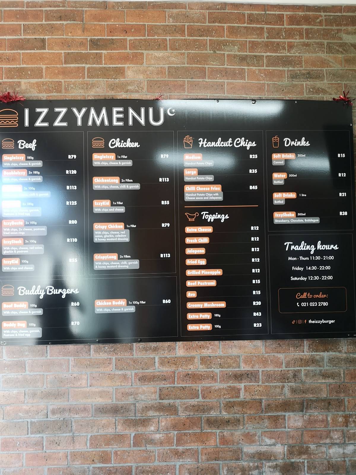 Menu at Izzyburger Woodstock restaurant, Cape Town