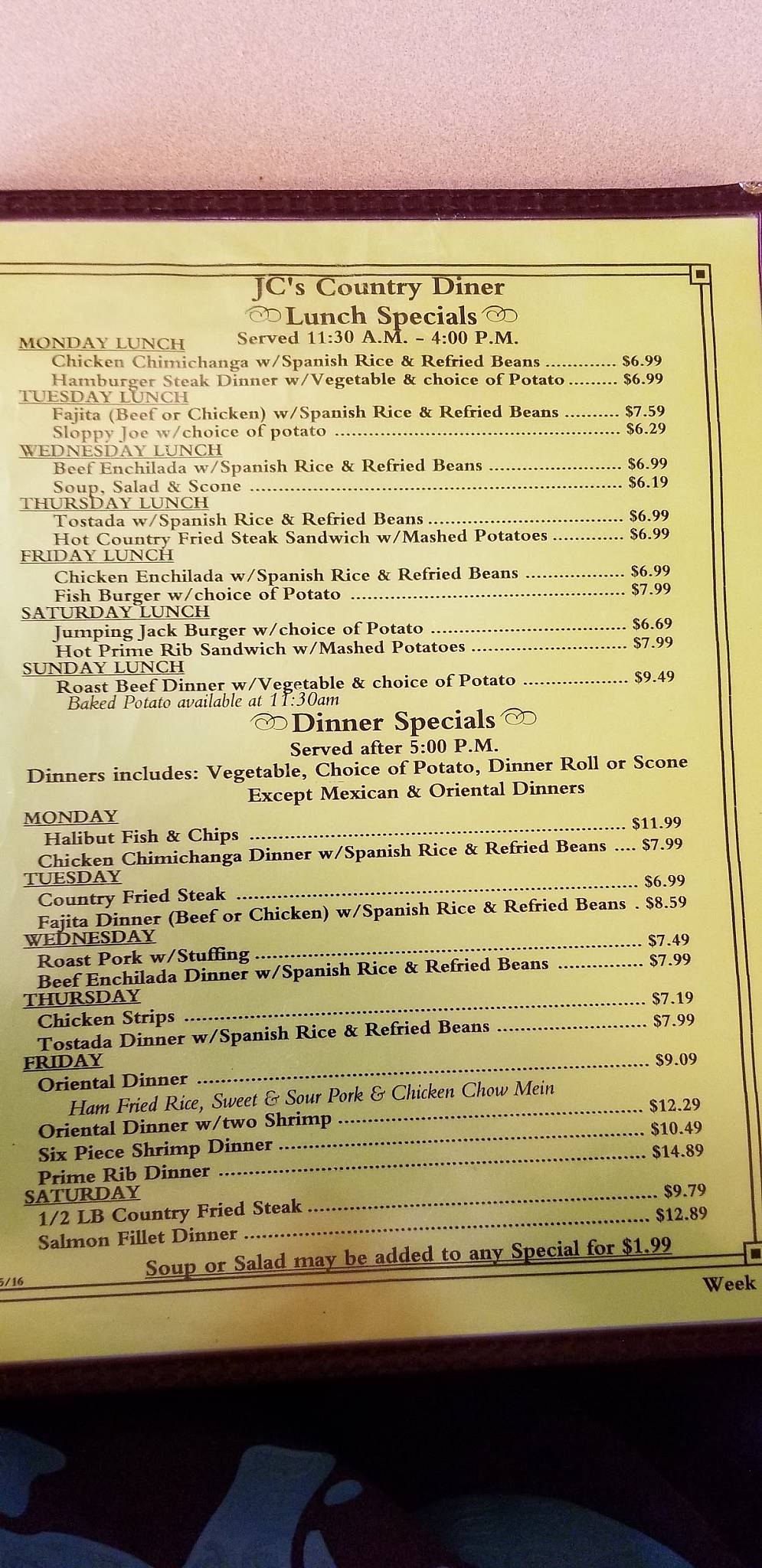 Menu at J C's Country Diner restaurant, Tremonton