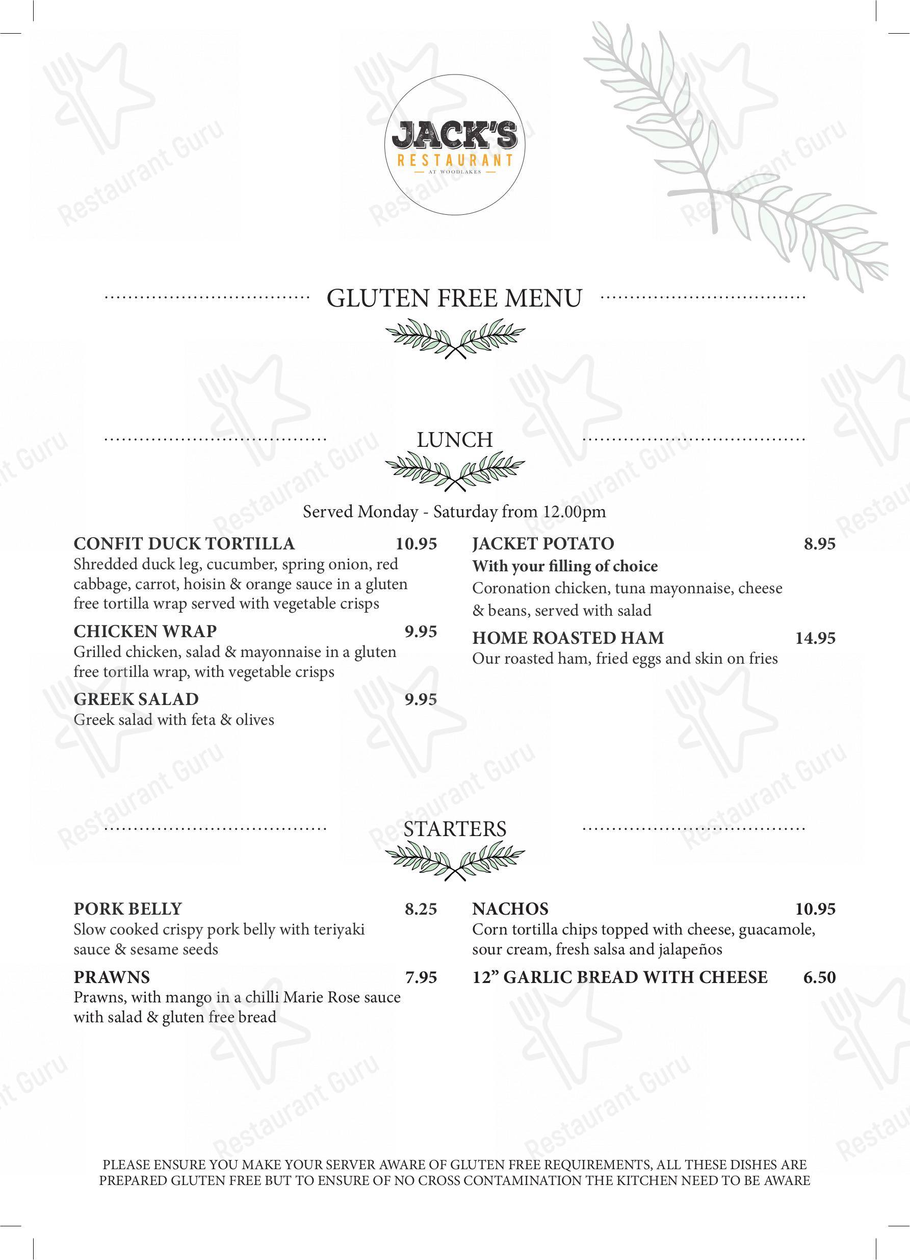 Menu at Jacks at Woodlakes restaurant, Stow Bardolph