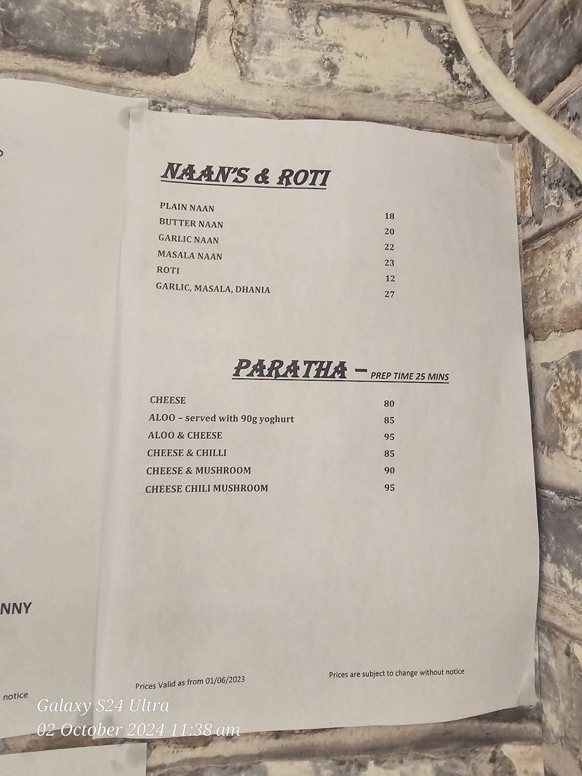 Menu at Jaipur Palace Restaurant, Durban North