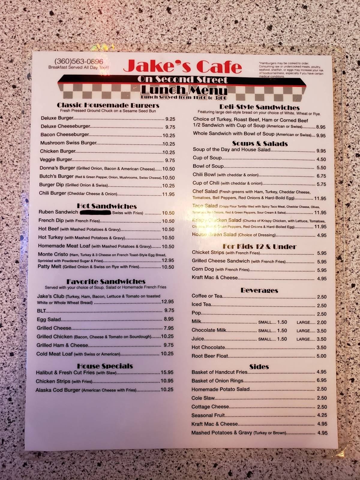 Menu at Jake's Cafe on 2nd Street, Snohomish