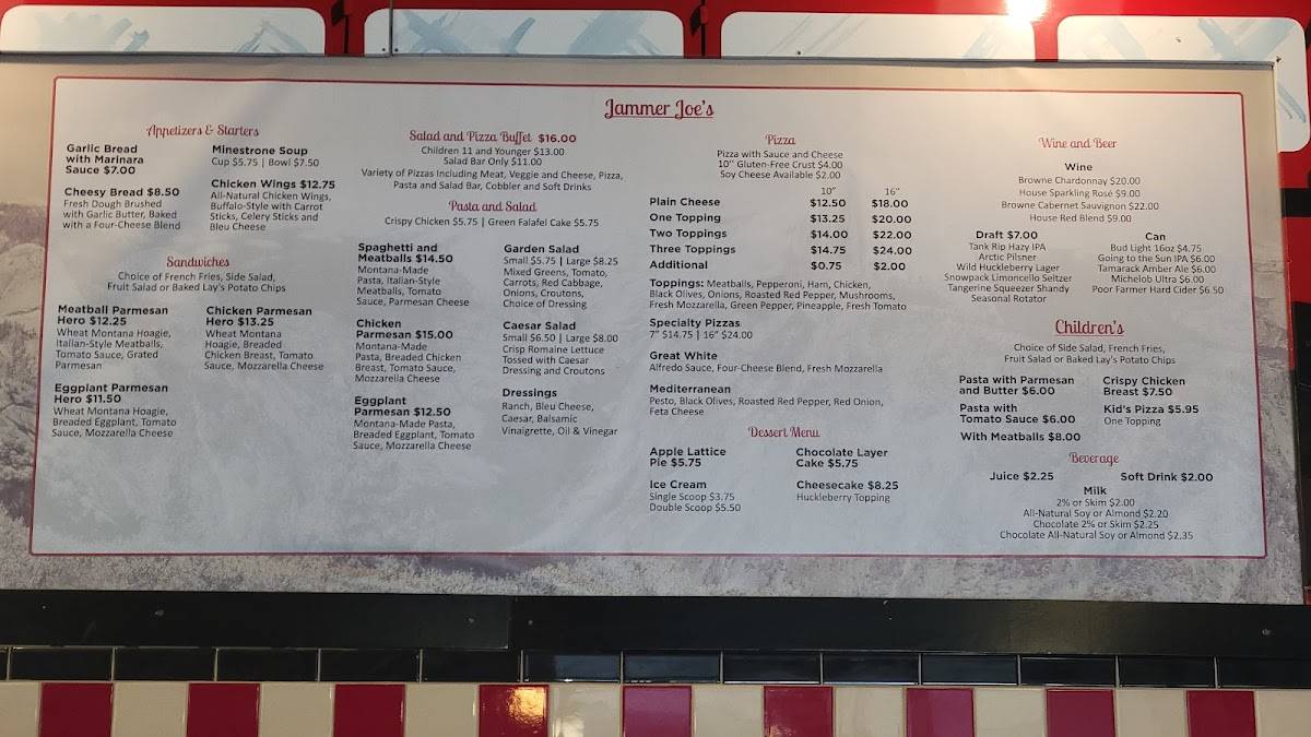 Menu at Jammer Joes Grill and Pizzaria restaurant, USA