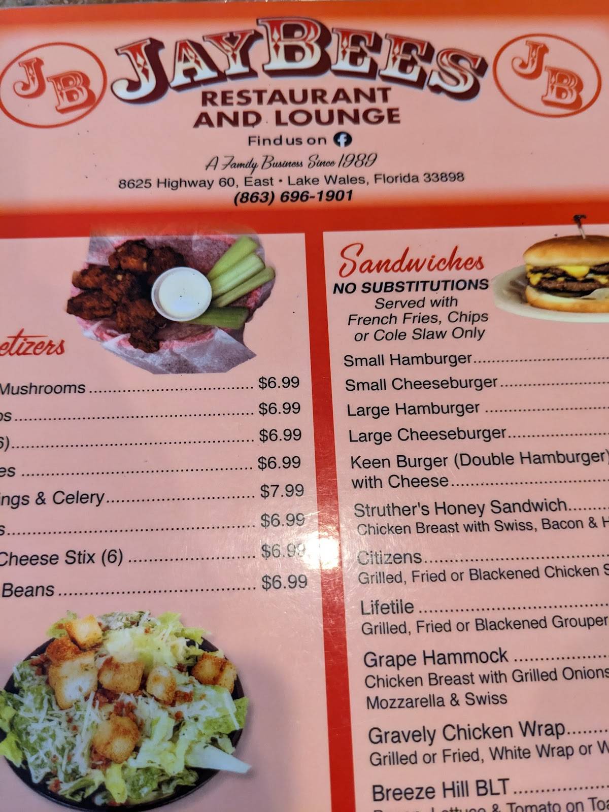 Menu at Jay Bees restaurant, USA, State Rd 60