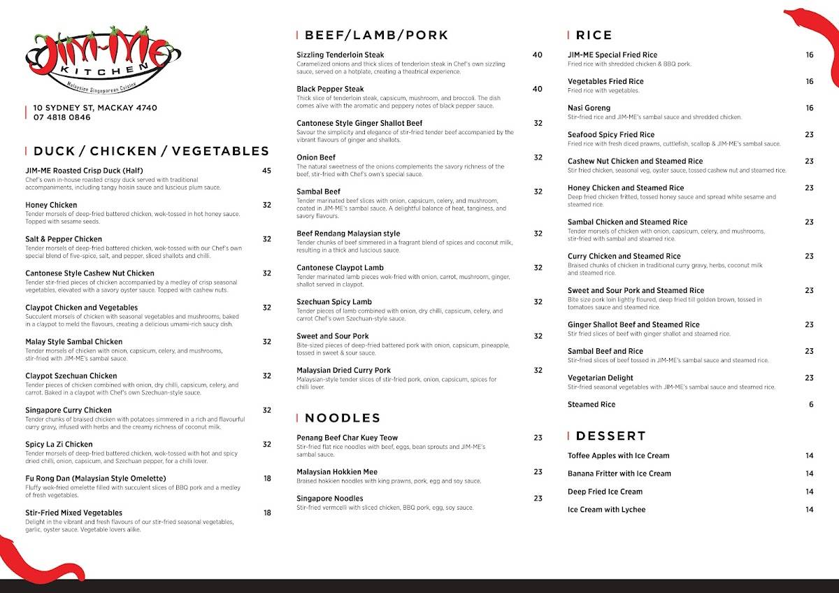 Menu at Jim-Me Kitchen Mackay restaurant, Mackay