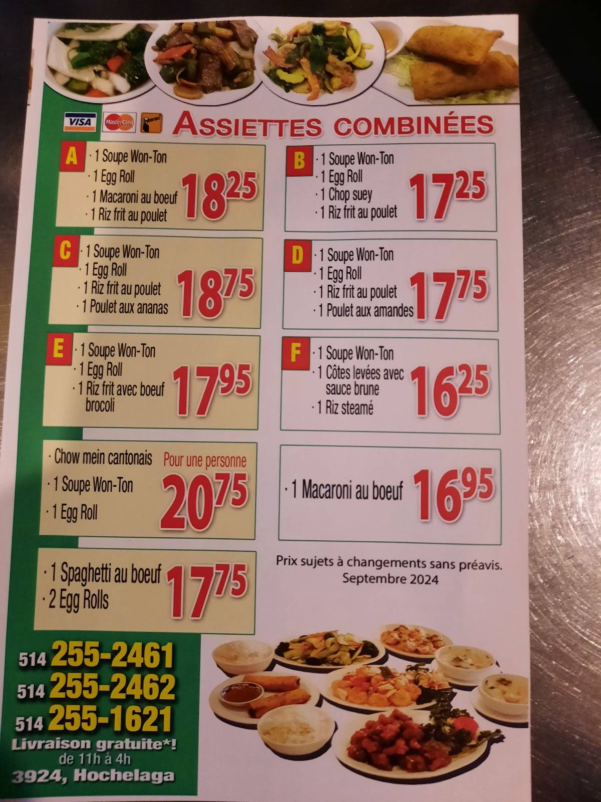 Menu au Restaurant Jimmy, Montréal