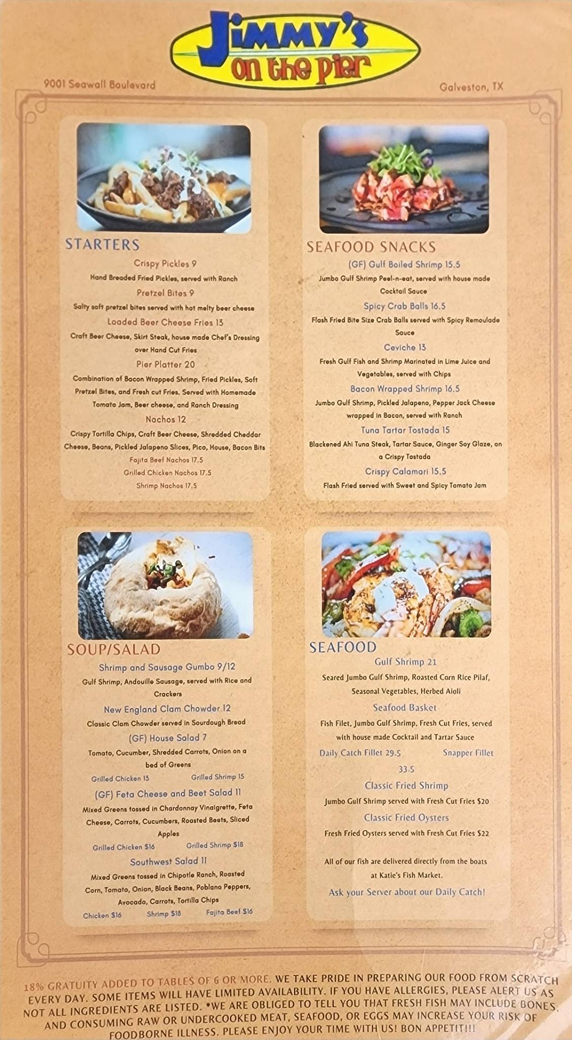 Menu at Jimmy's on the Pier restaurant, Galveston