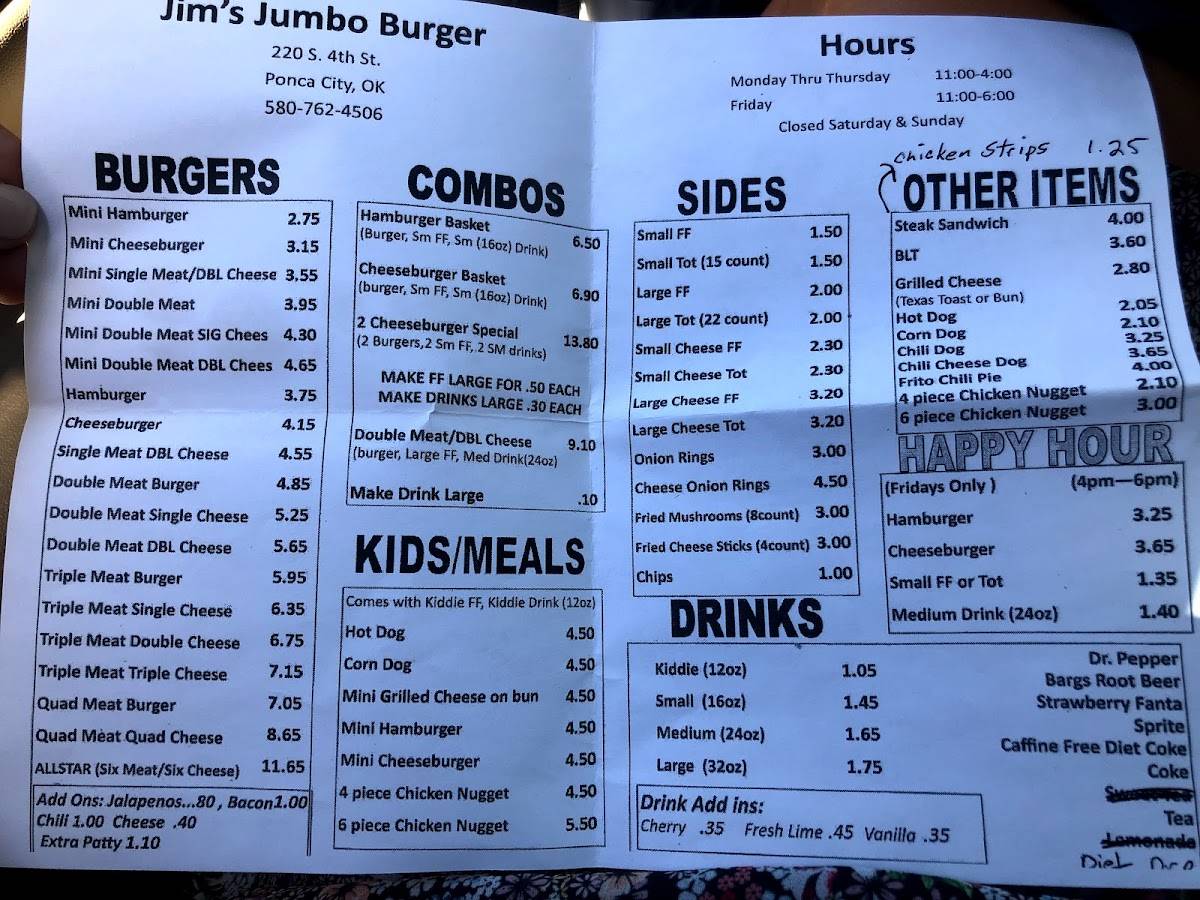 Menu at Jim's Jumbo Burger restaurant, Ponca City