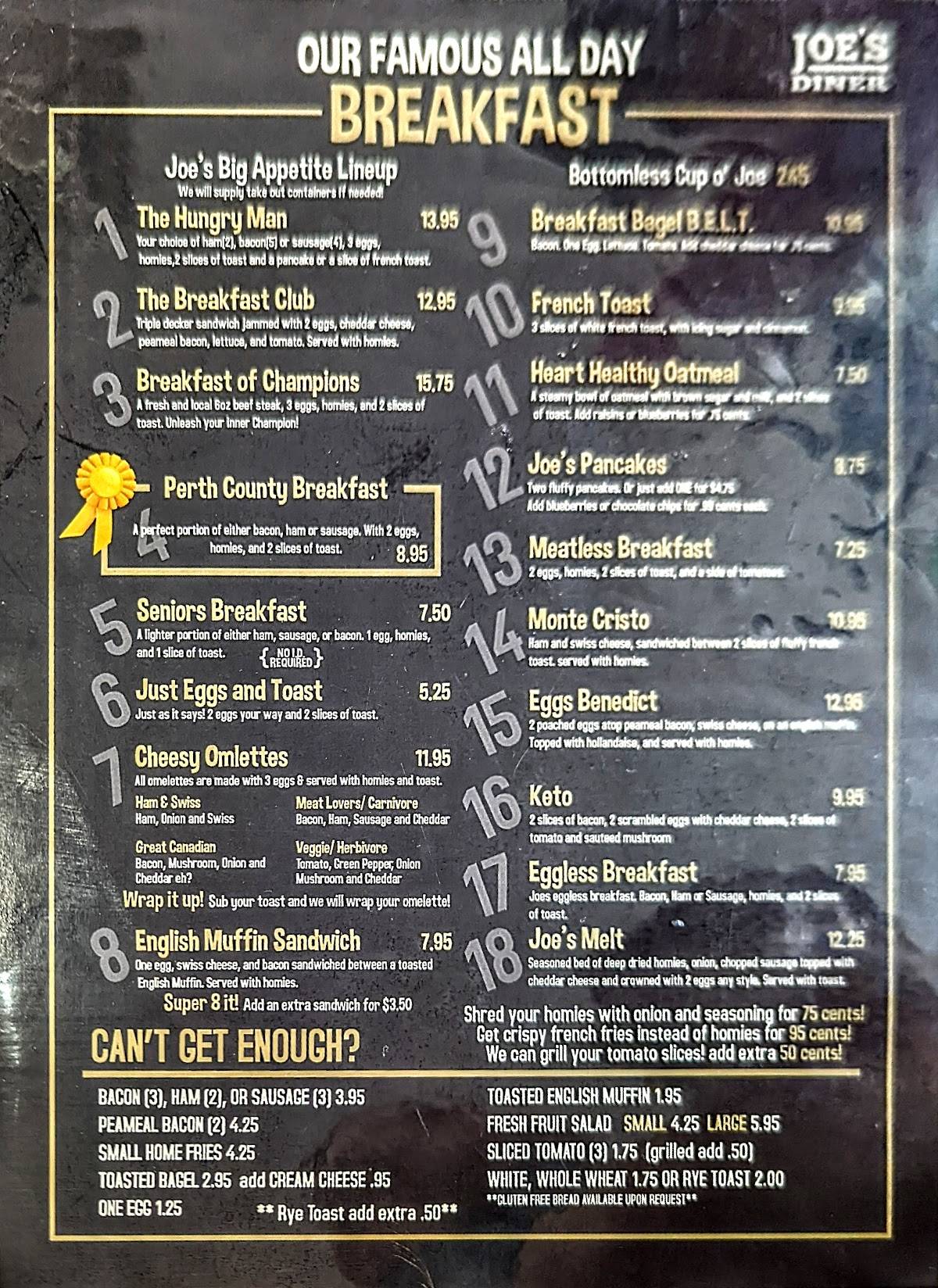 Menu at Joe's Diner - Stratford restaurant, Stratford