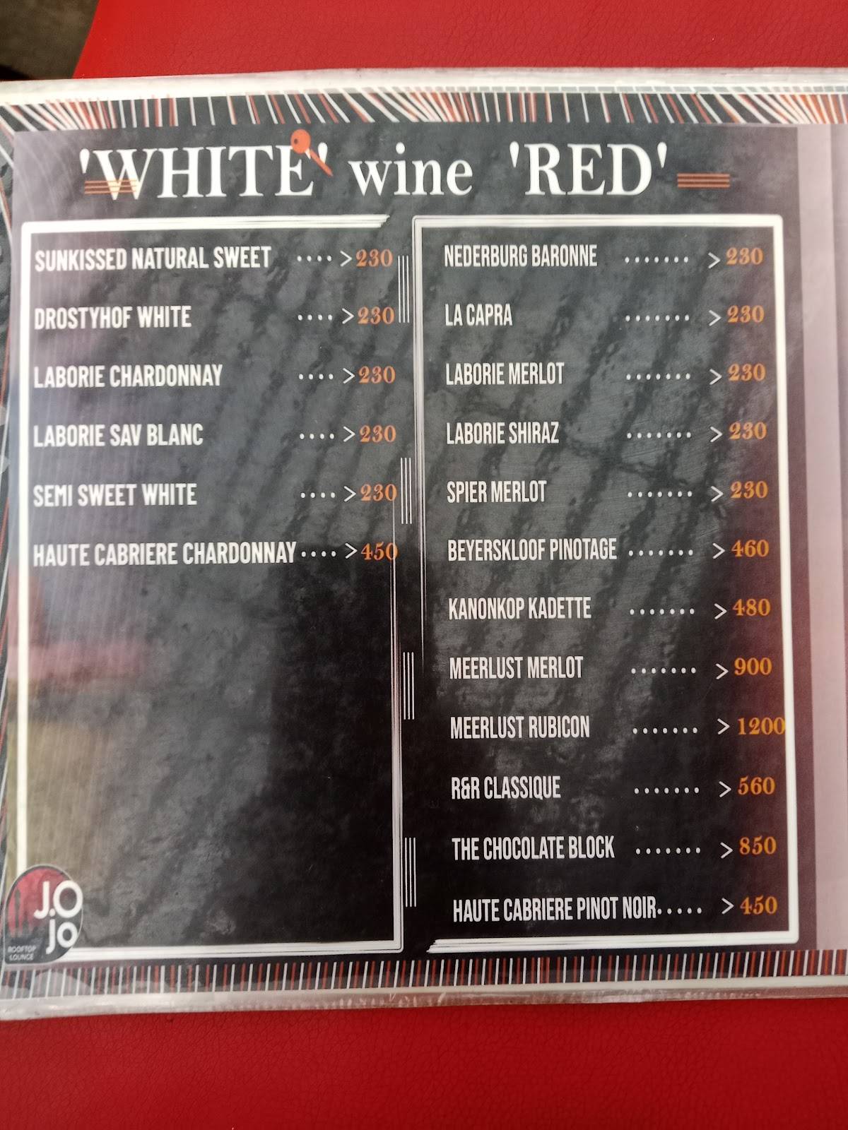 Menu at Jojo Rooftop Lounge restaurant, Johannesburg